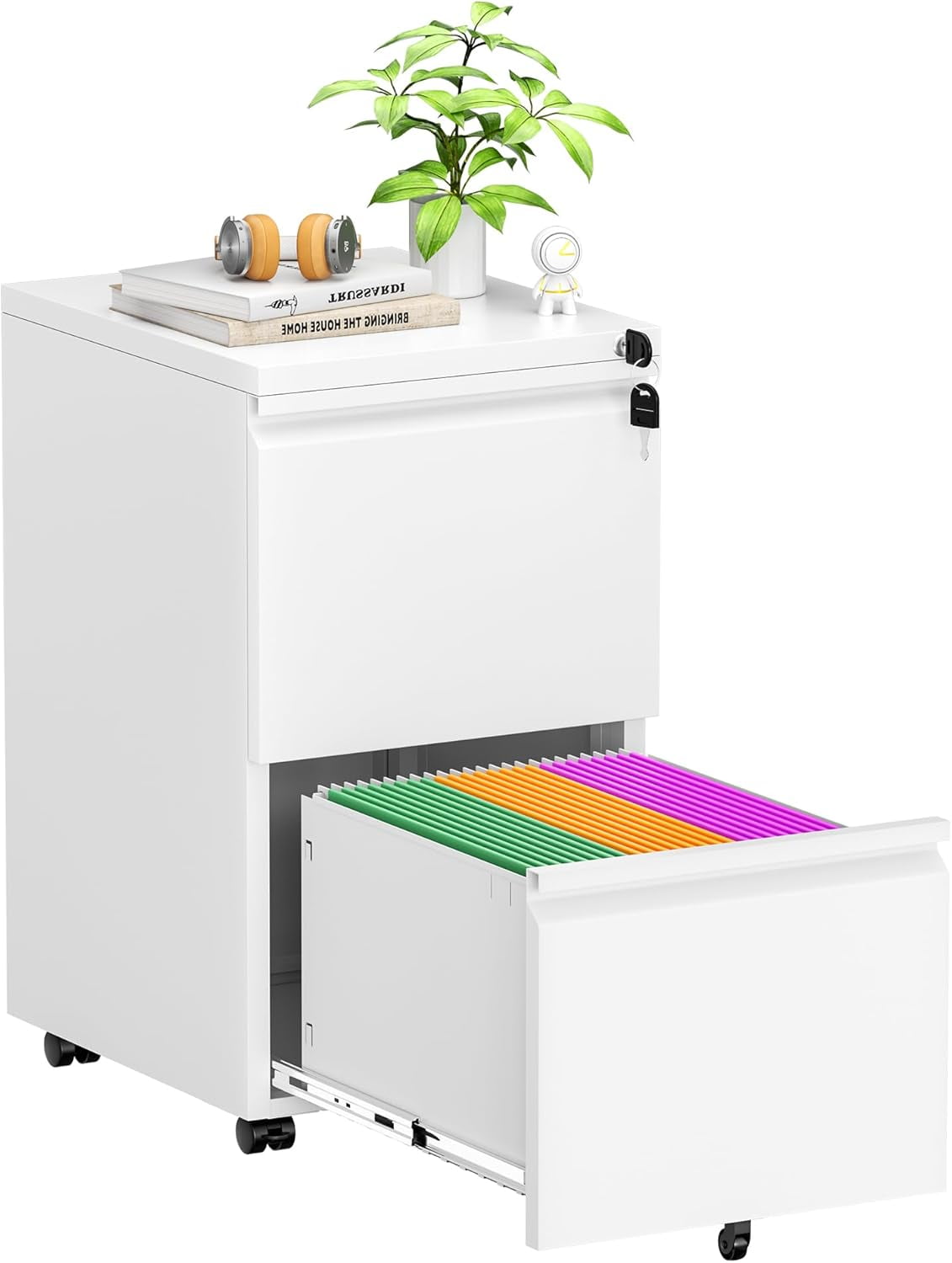 File Cabinet, 2-Drawer Rolling File Cabinet with Lock, Metal Mobile ...