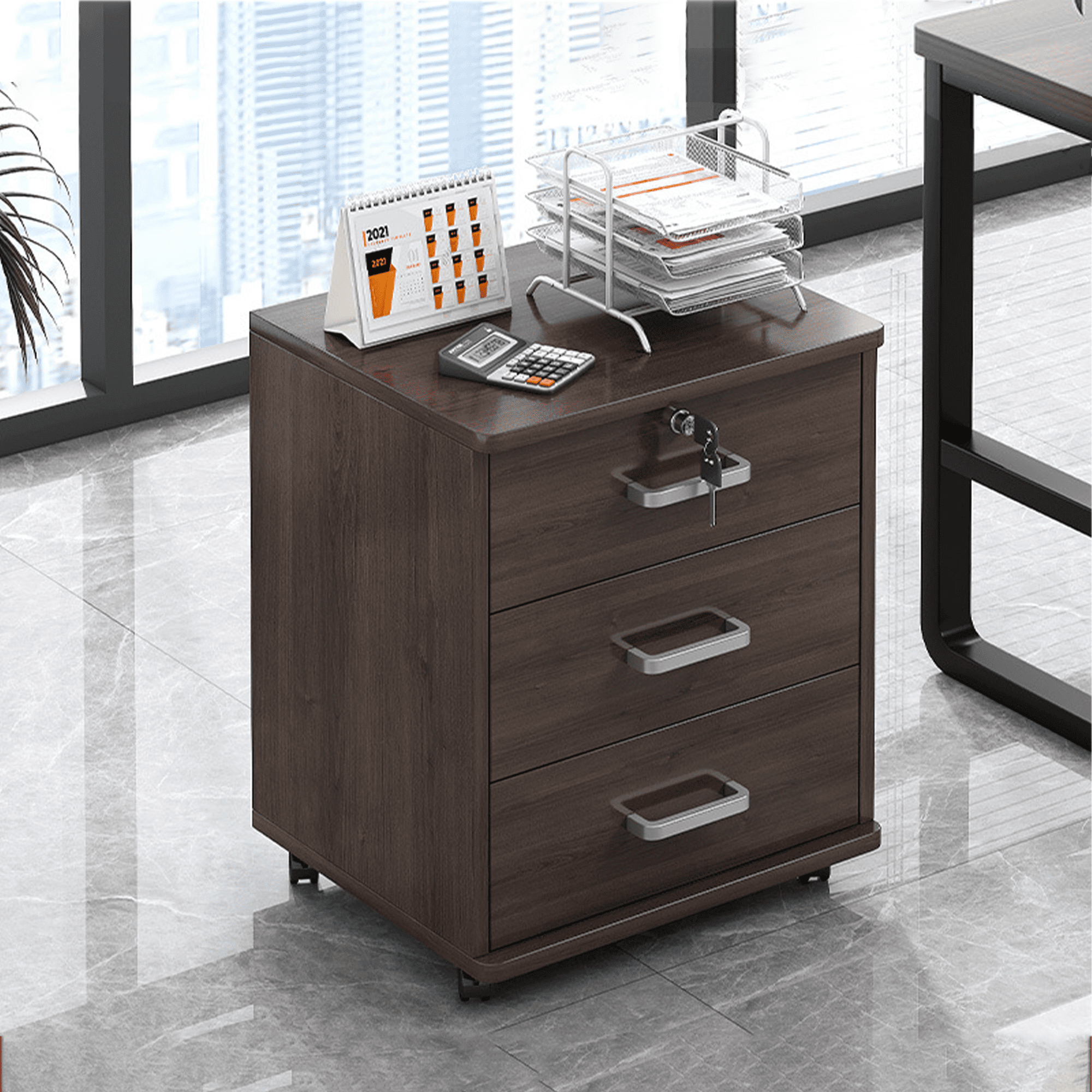 3 Drawer Wood File Cabinet with Lock & Wheels, Under Desk, Office/Home ...