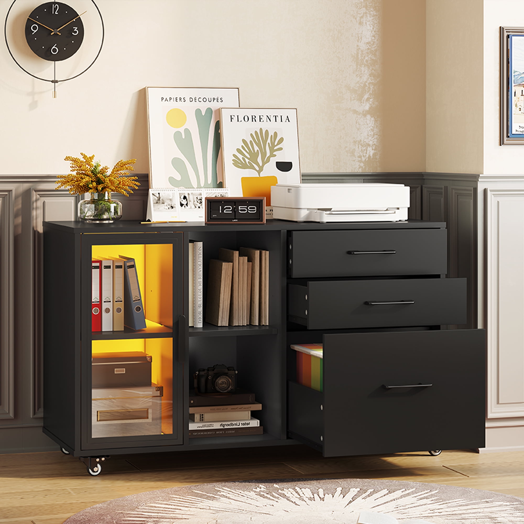 File Cabinet with 3 Drawers and Cabinet, Rolling Printer Stand with ...