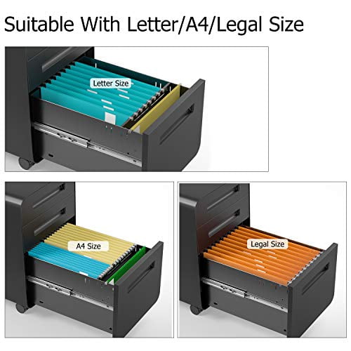 File Cabinet, 3 Drawers Mobile Filing Cabinet with Lock, Steel File ...