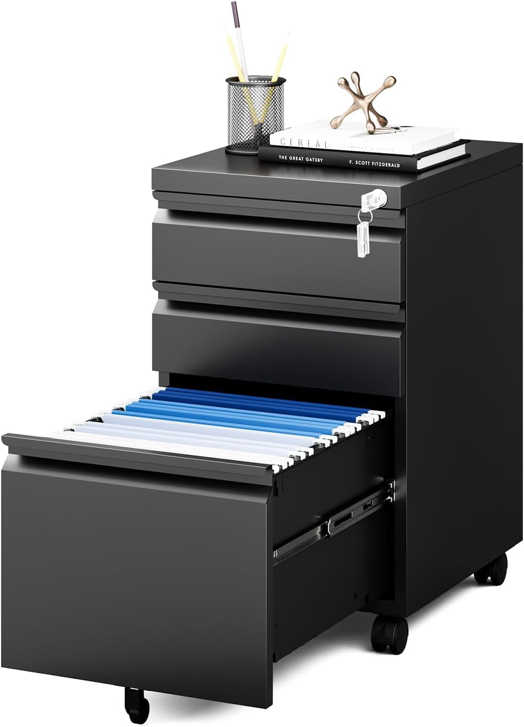 File Cabinet 3 Drawers on Wheels Under Desk, Black Metal Rolling File ...