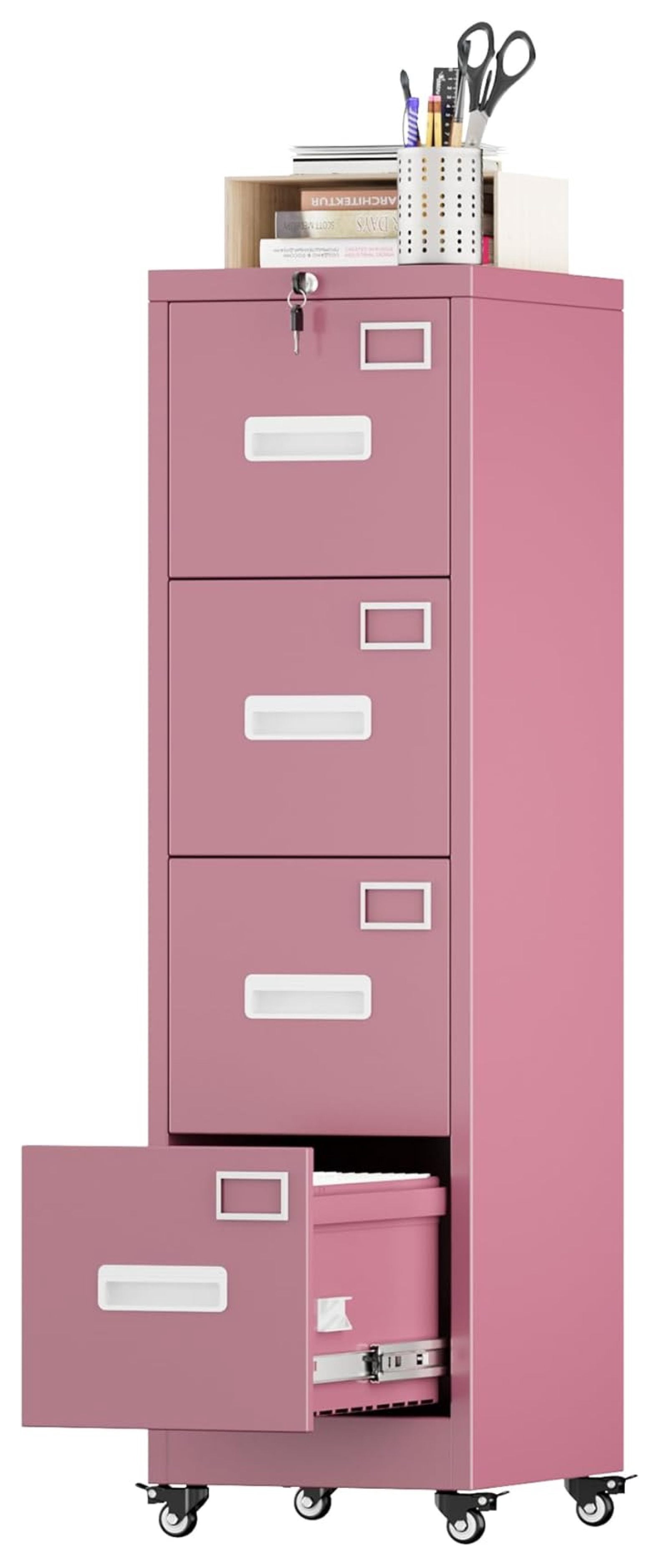 File Cabinet 4 Drawer with Wheels, Lockable Office Metal Filing Cabinet ...