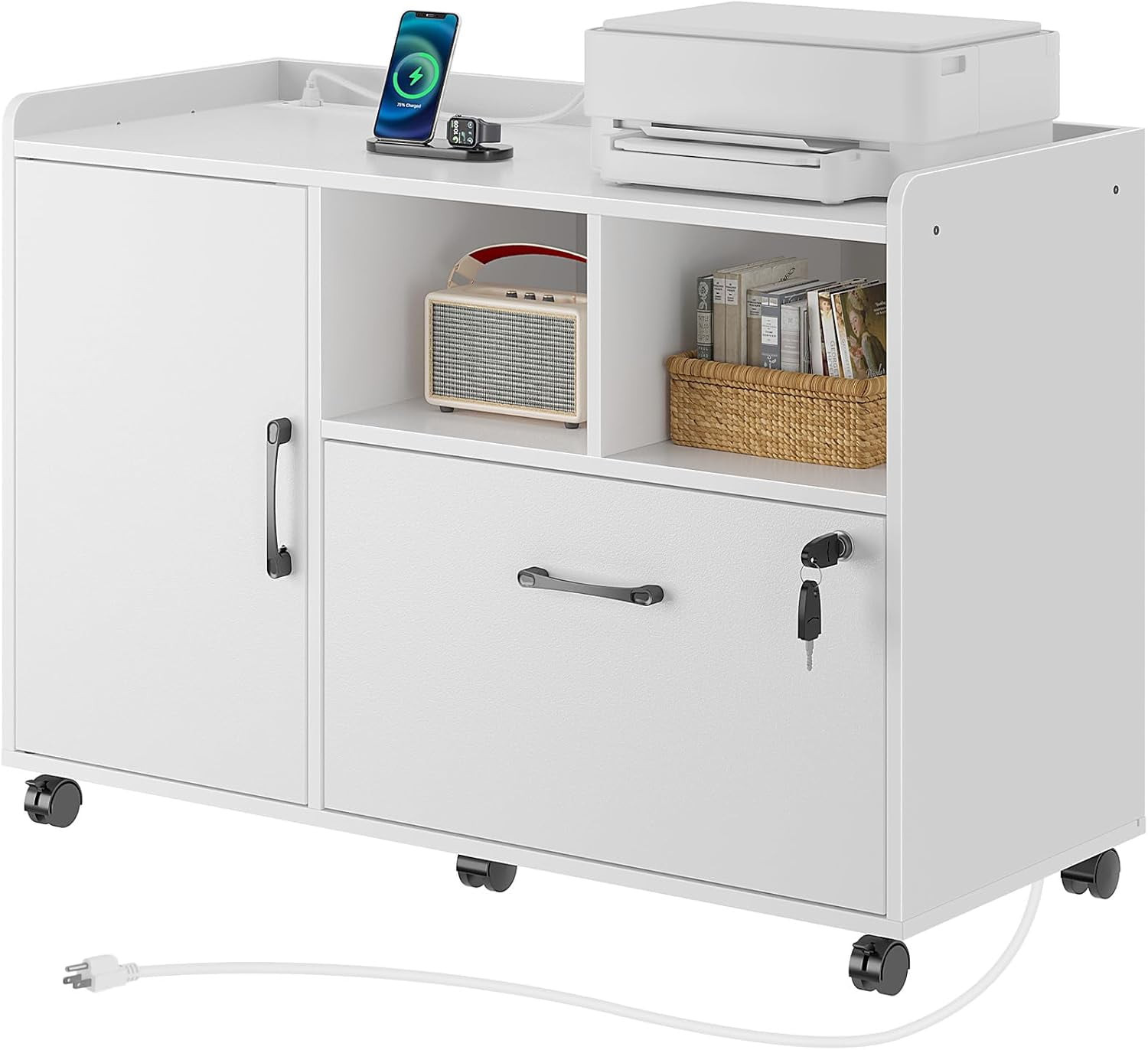 File Cabinet with Charging Station, Mobile Lateral Filing Cabinet with ...