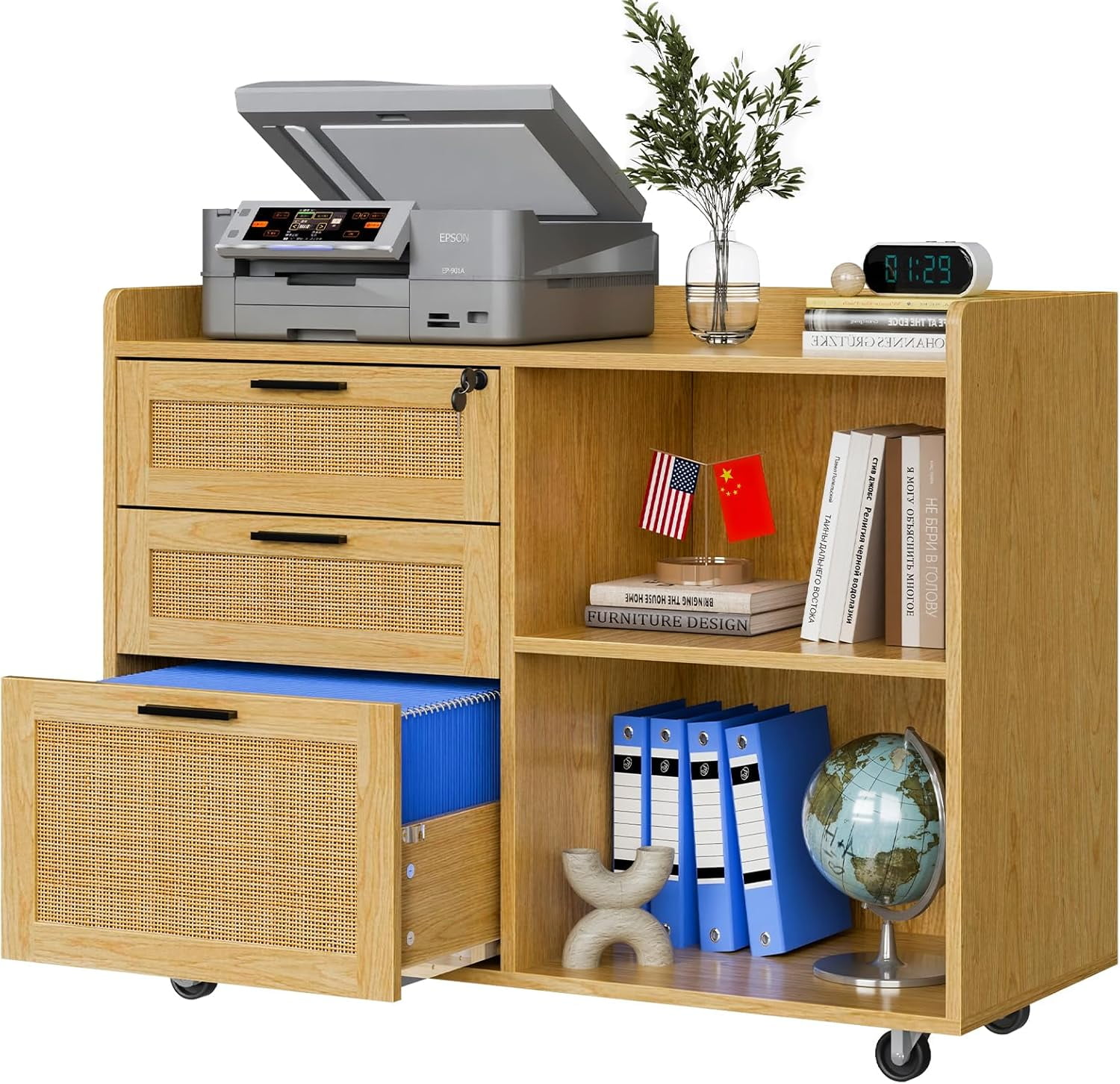 File Cabinet for Home Office, Rattan Lateral Filing Cabinet with ...