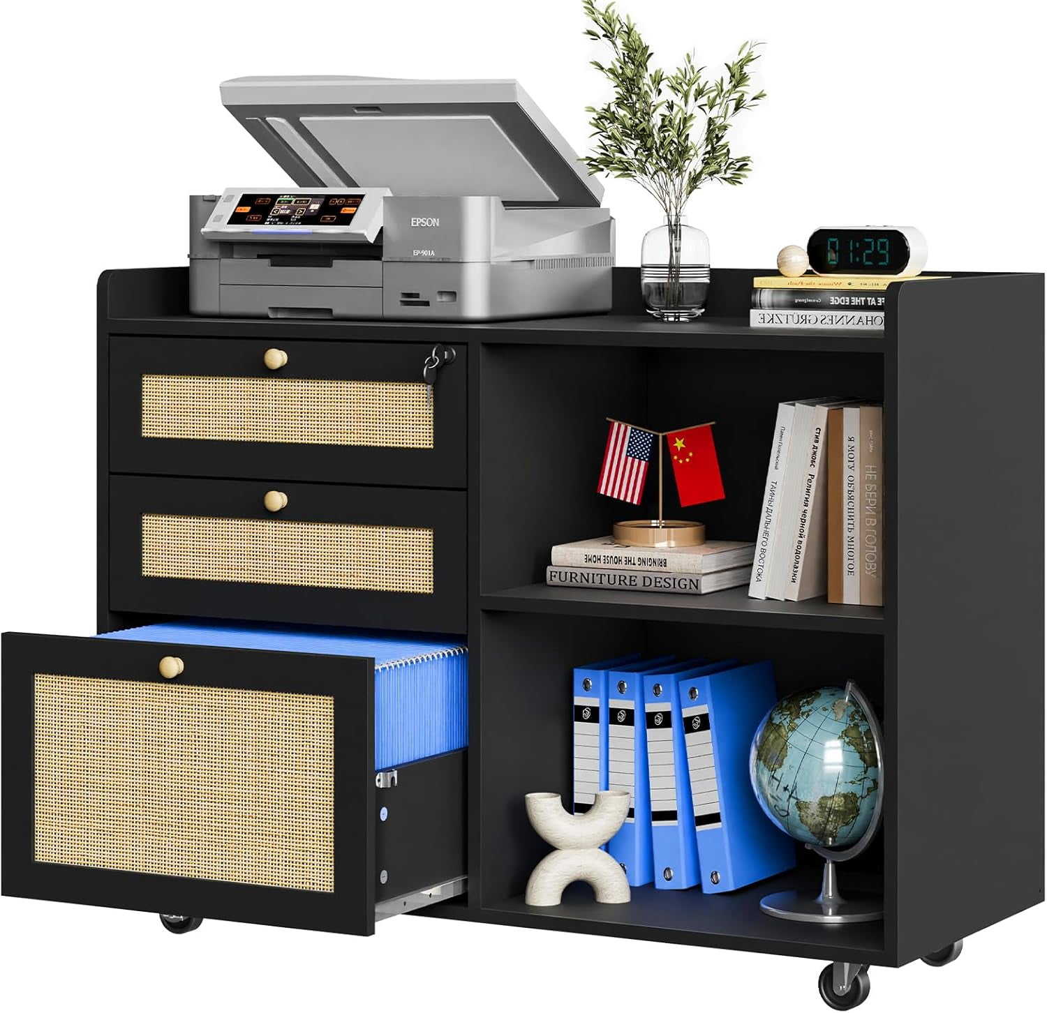 File Cabinet for Home Office, Rattan Lateral Filing Cabinet with ...