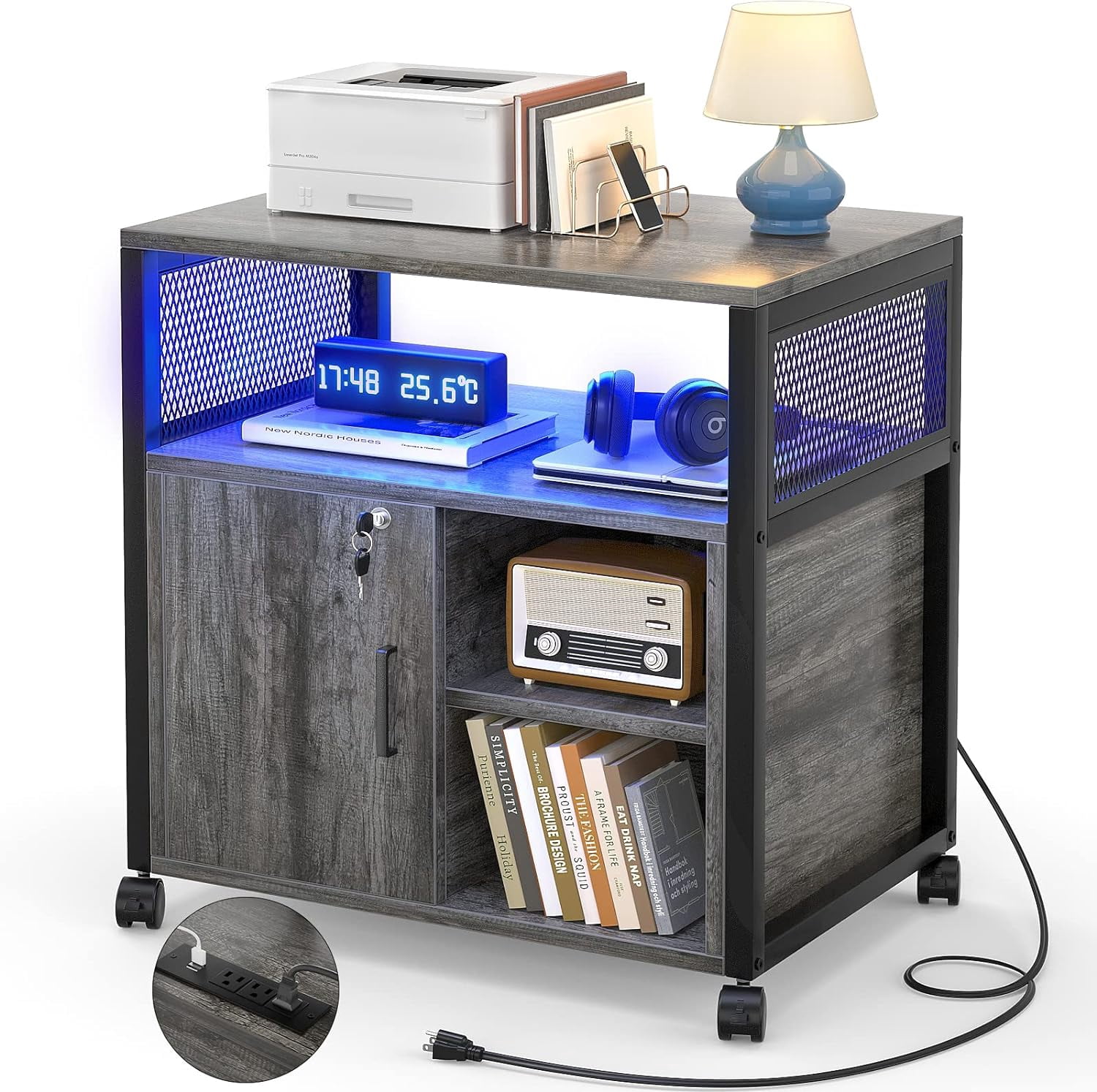 File Cabinet with LED Lights, Lateral Filing Cabinet with Power Outlets ...