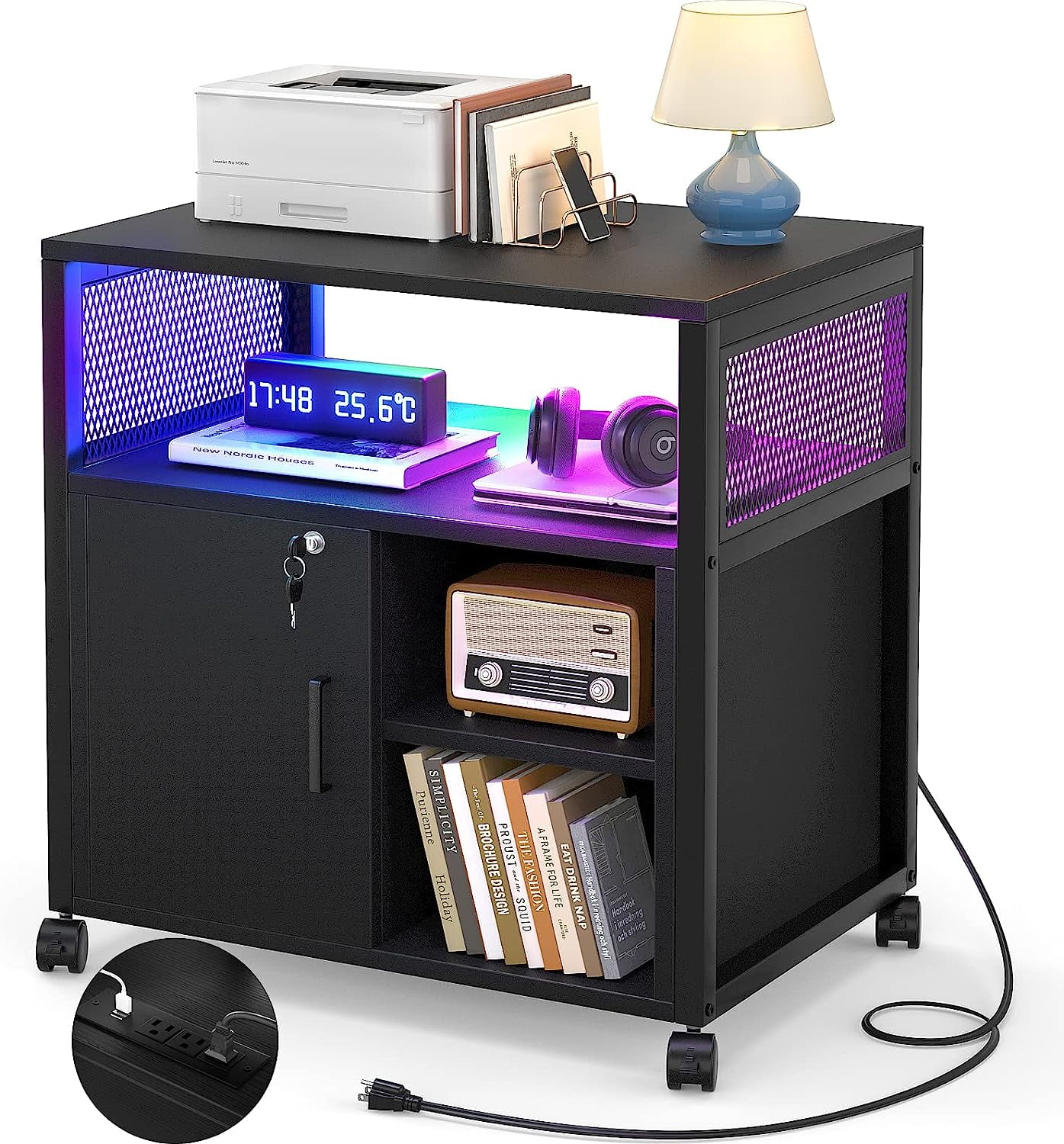 File Cabinet with LED Lights and Power Outlets Rolling Printer Stand ...