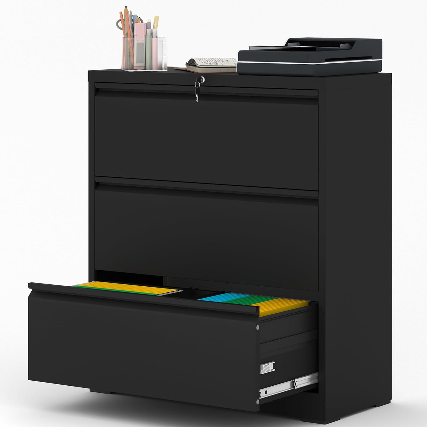 File Cabinet with Lock, 3 Drawer Lateral Filing Cabinet for Home Office ...