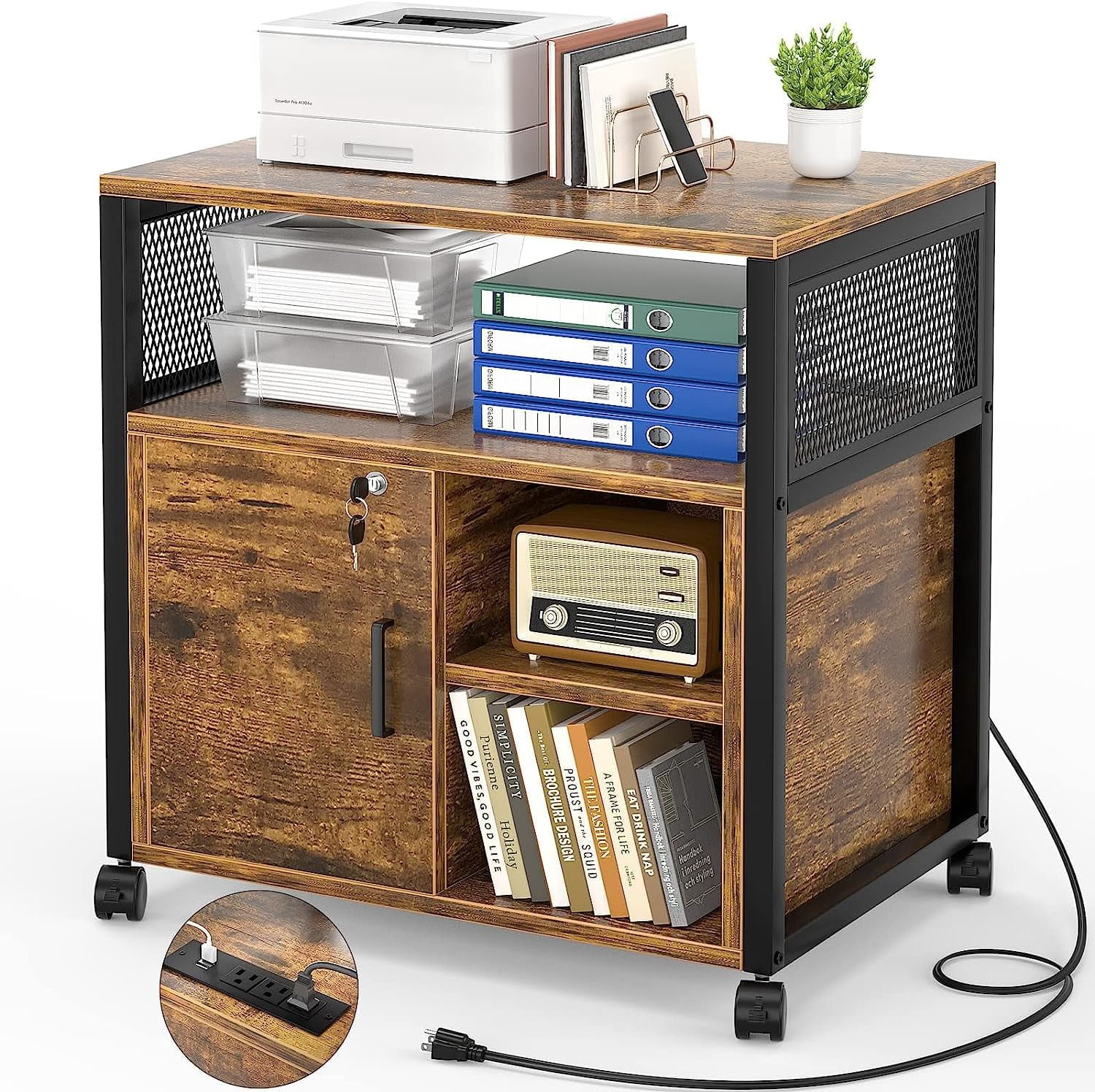 Printer Stand With Storage File Cabinet With Charging Station, Vertical ...