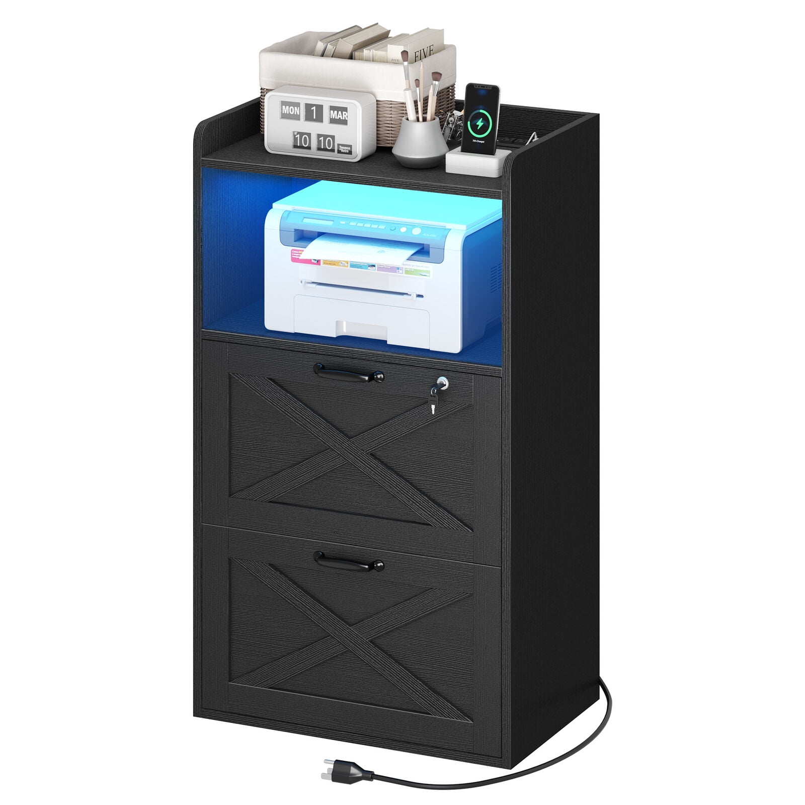 File Cabinet W/ Lock&Charging Station 2 Drawers Office Furniture for ...