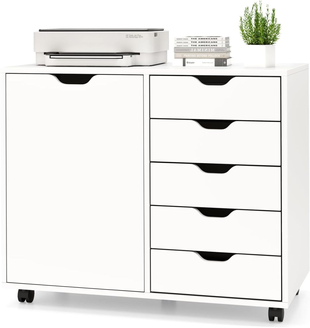File Cabinet, White Filing Cabinet w/Universal Wheels, Wood Printer ...
