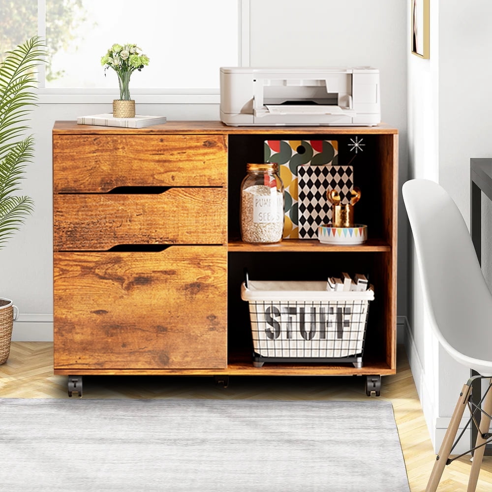 File Cabinet with 3 Drawe on Wheels,Wood Lateral Filing Cabinets with ...