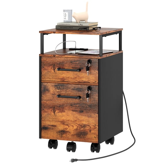 Lockable Mobile File Cabinet with Charging Station, 2 Drawers & Open ...
