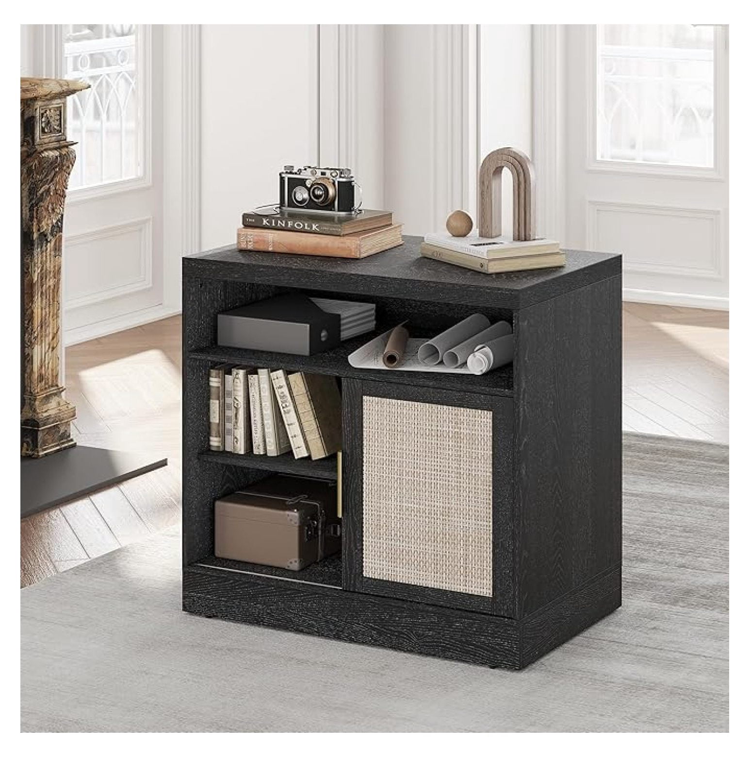 File Cabinet with Sliding Door, 32'' Rattan Office Cabinet with Open ...