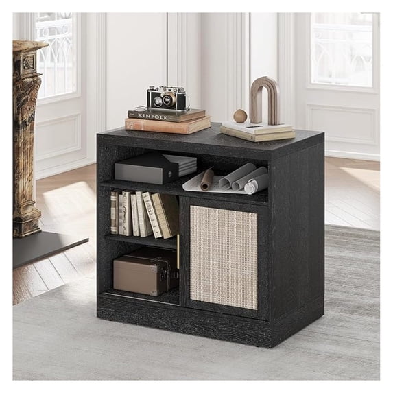 File Cabinet with Sliding Door, 32'' Rattan Office Cabinet with Open ...