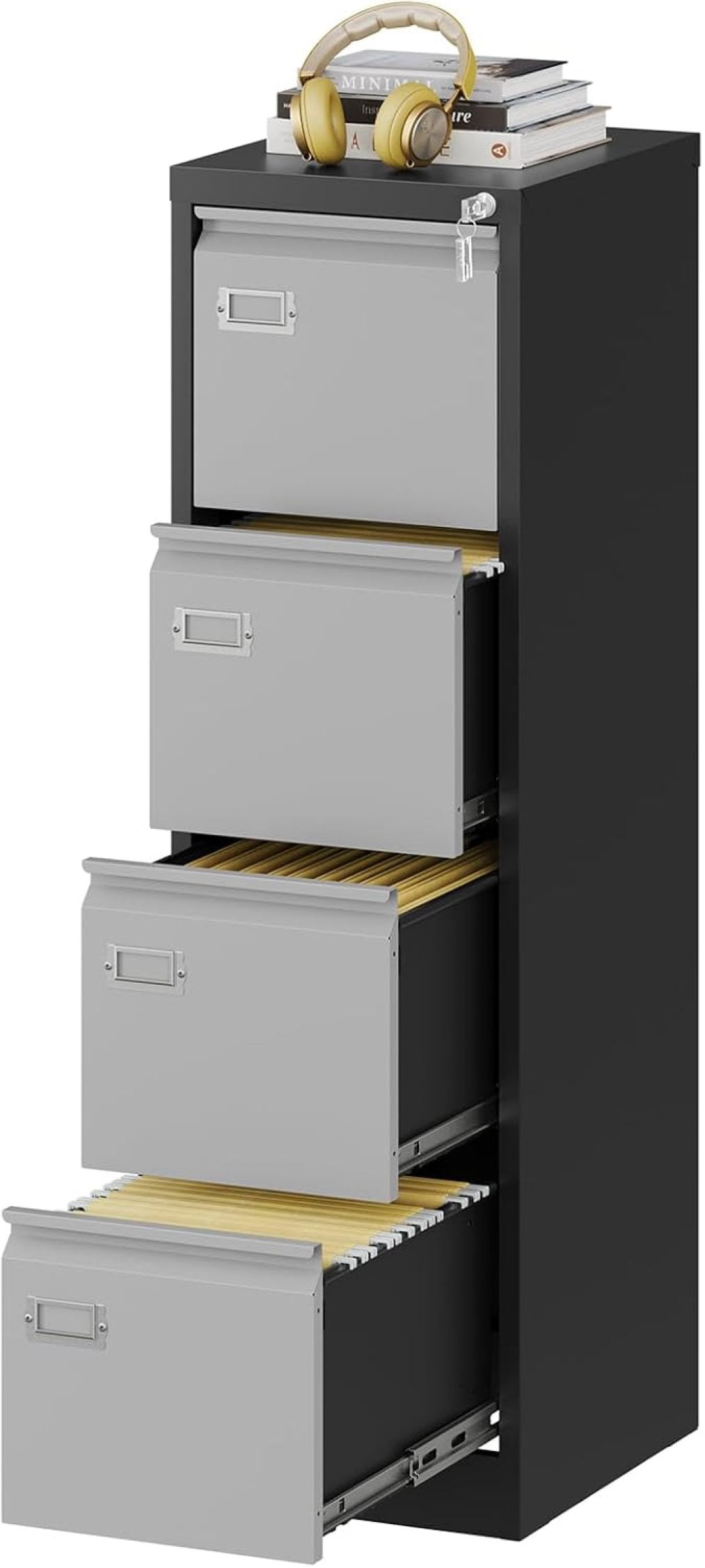 File Cabinets - 4 Drawers Vertical 17.8" Deep Lockable Filing Cabinet - Black & Gray Metal ...