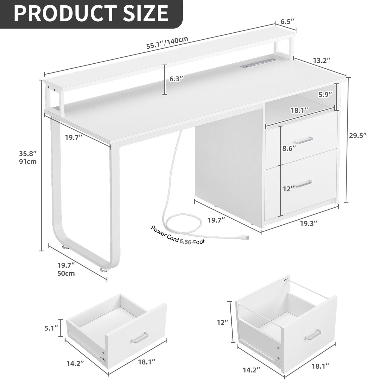 Gloaa File Drawer, LED Lights, Monitor Stand, With Drawers, With Power ...