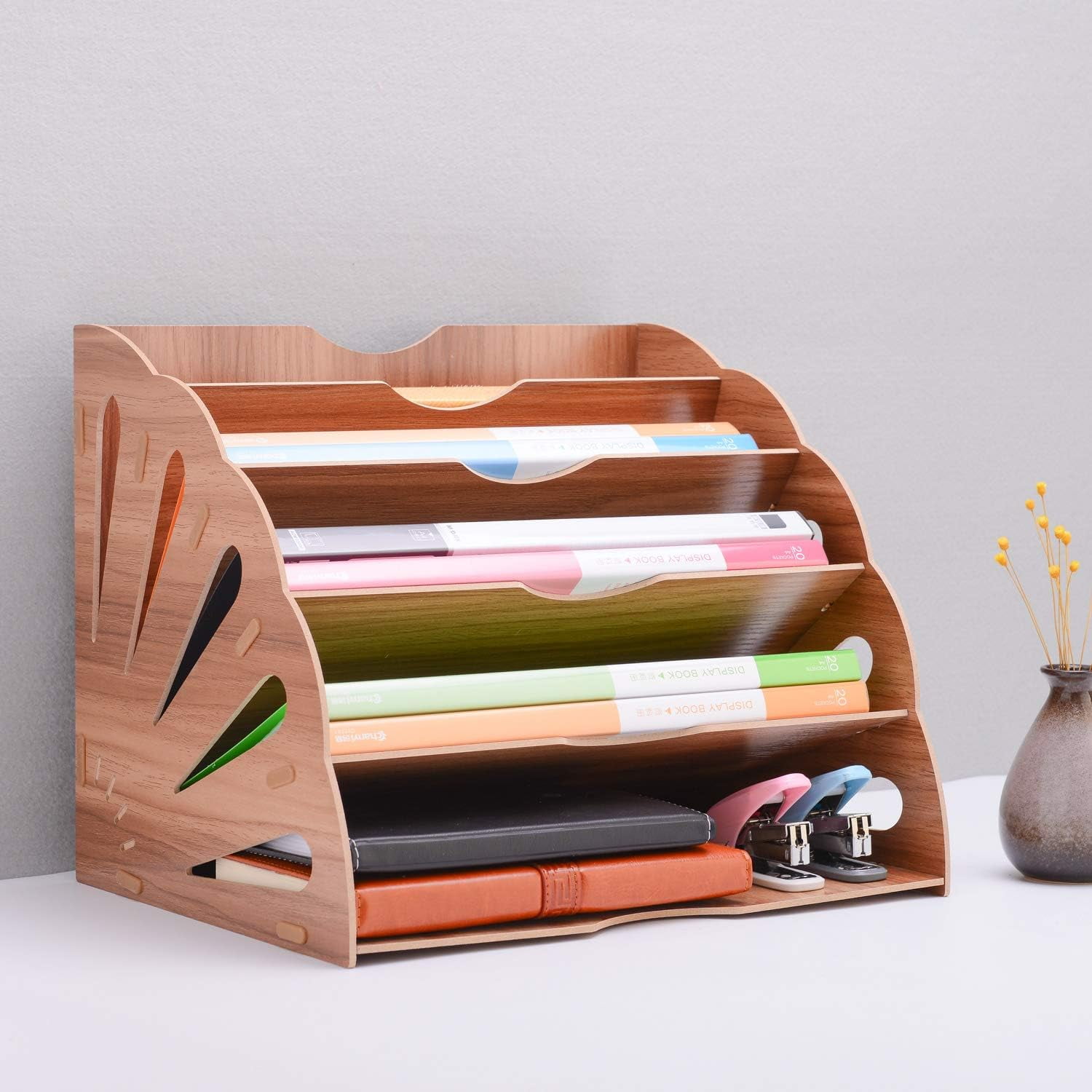 File Folder Holder Wood Organizer 5 Compartment, File Sorter Wood ...