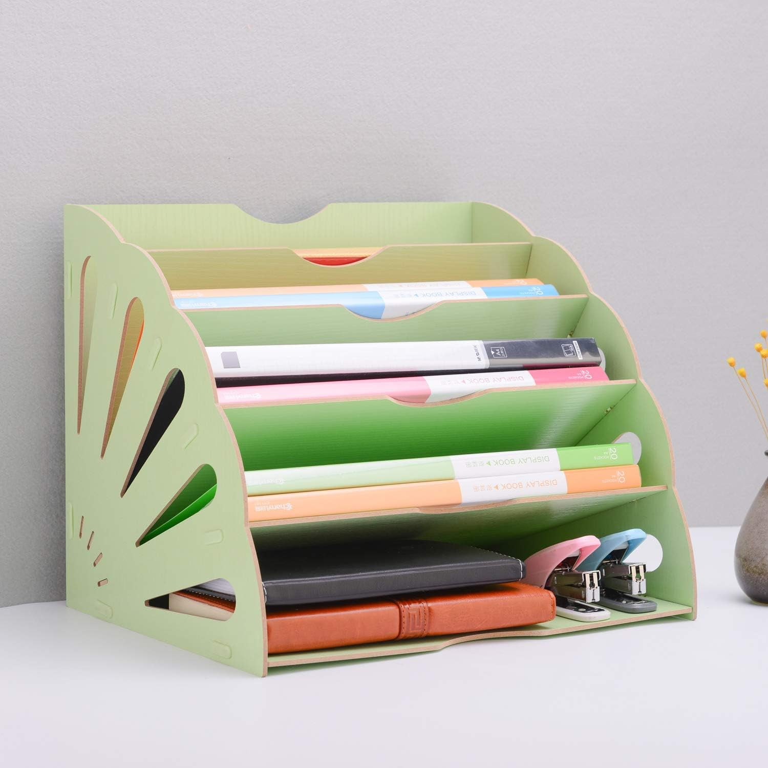 File Folder Holder Wood Organizer 5 Compartment, File Sorter Wood ...