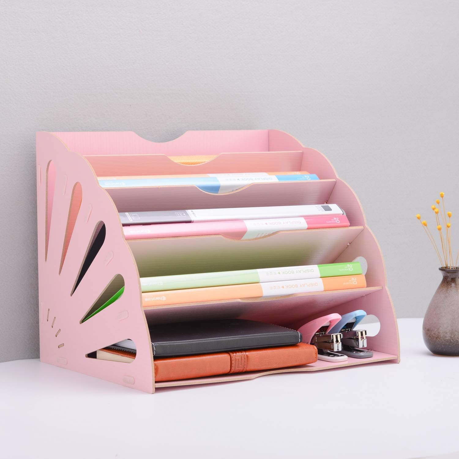 File Folder Holder Wood Organizer 5 Compartment, File Sorter Wood ...