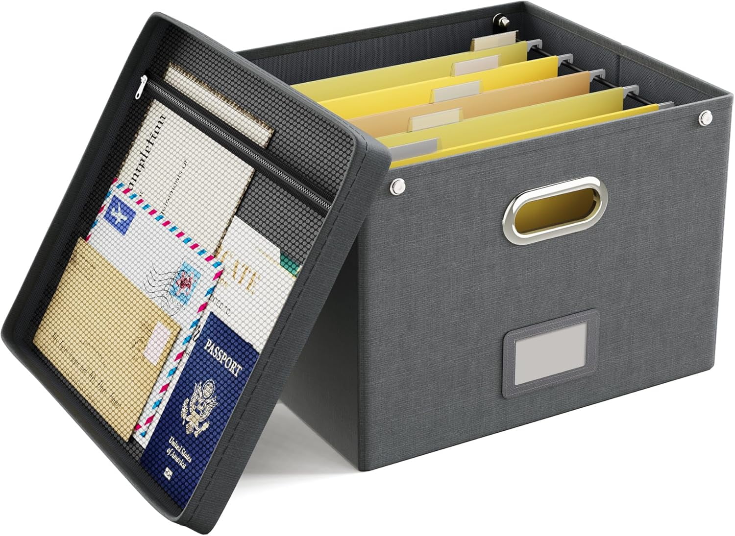 File Organizer Box with Lid,Large Hanging Filing Box with Mesh Pocket ...