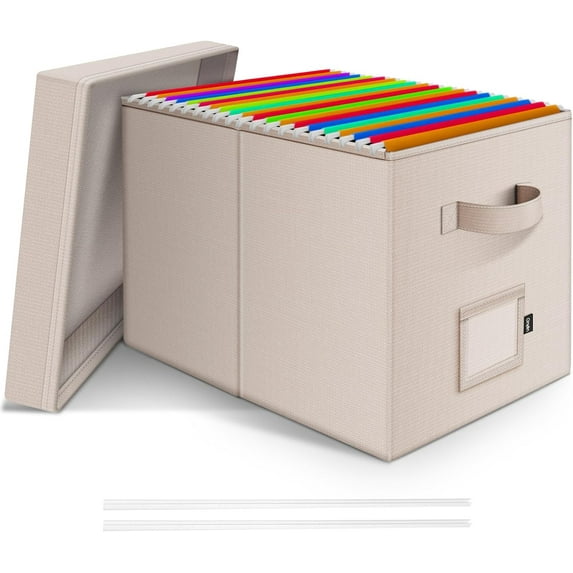 File Organizer Box with Lid, Linen Hanging File Storage Box with Handle ...