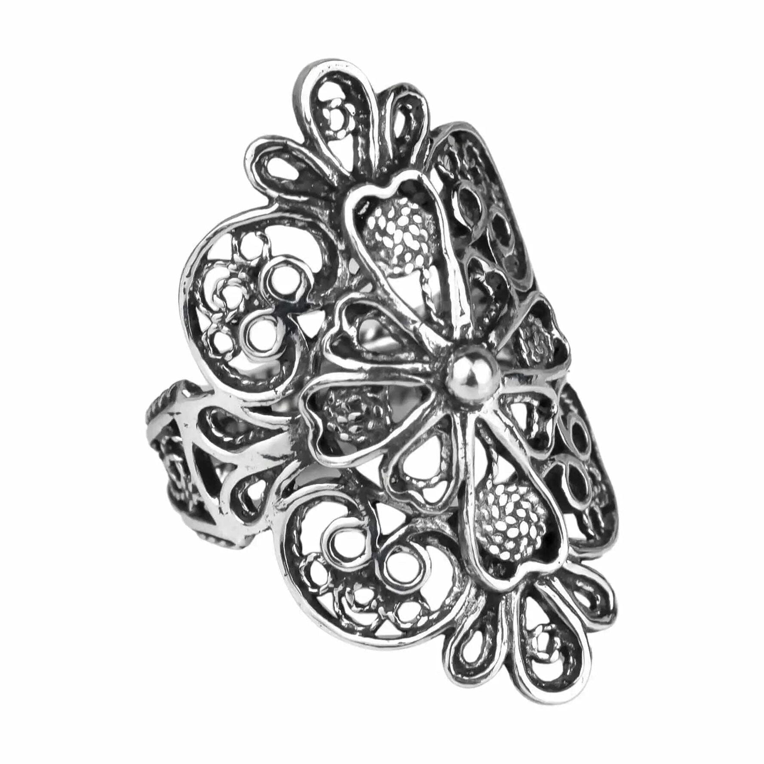 Filigree Art Lace Embroidery Cross Figured Women Silver Statement Ring ...