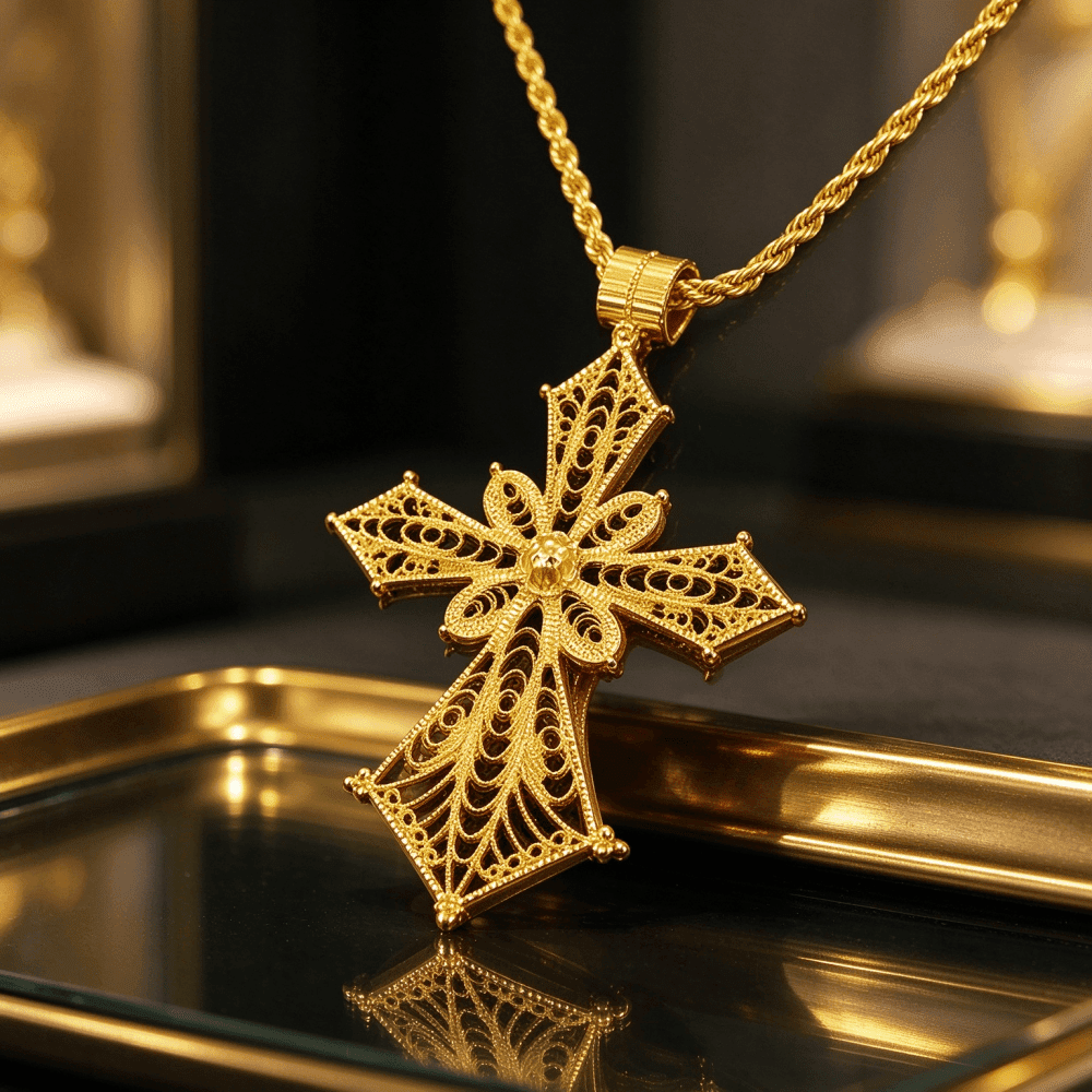Filigree Lace Cross Pendant Necklace For Men Women 14K Gold Filled ...