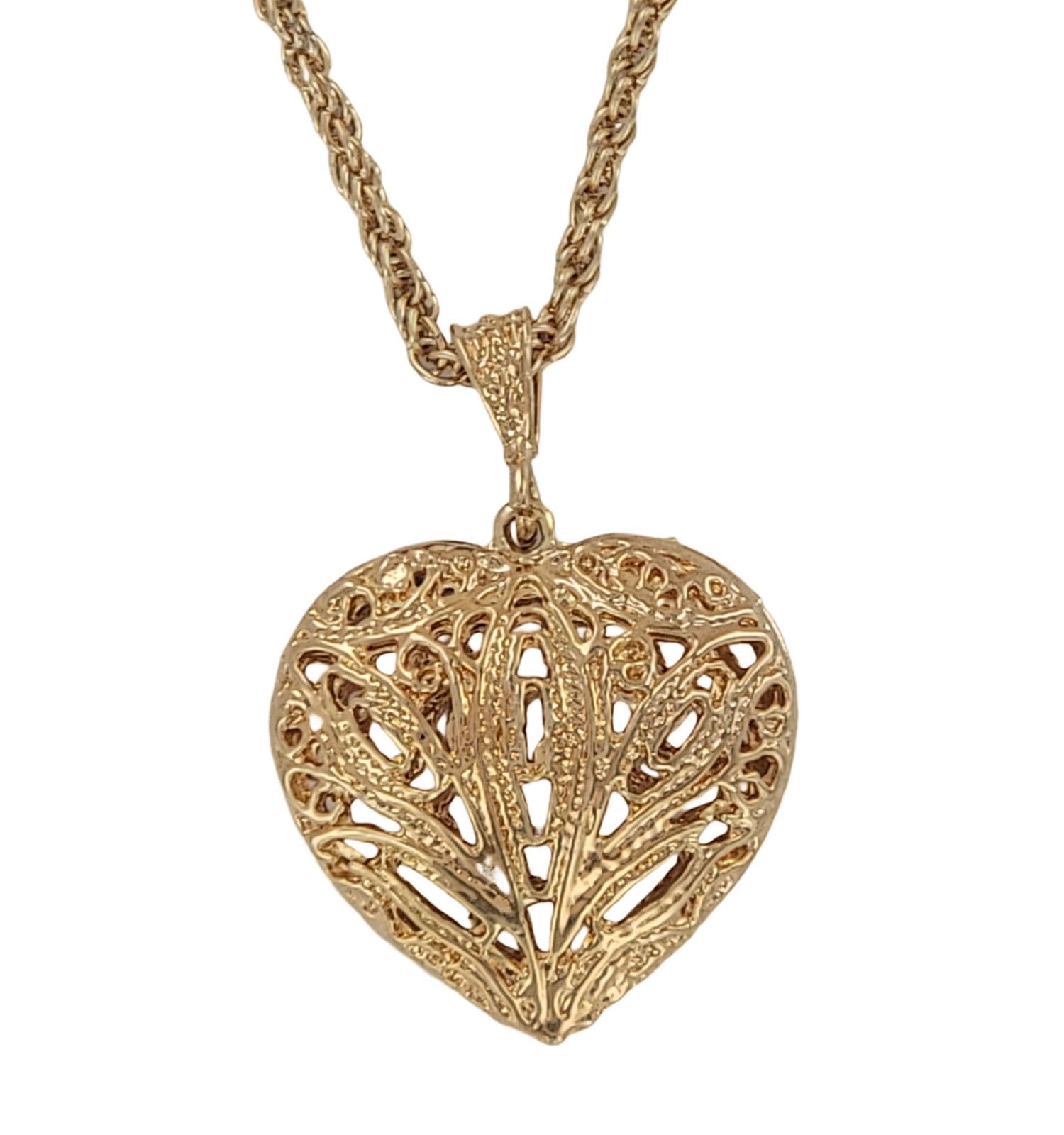 Filigree Puffy Heart Pendant Rope Chain 30