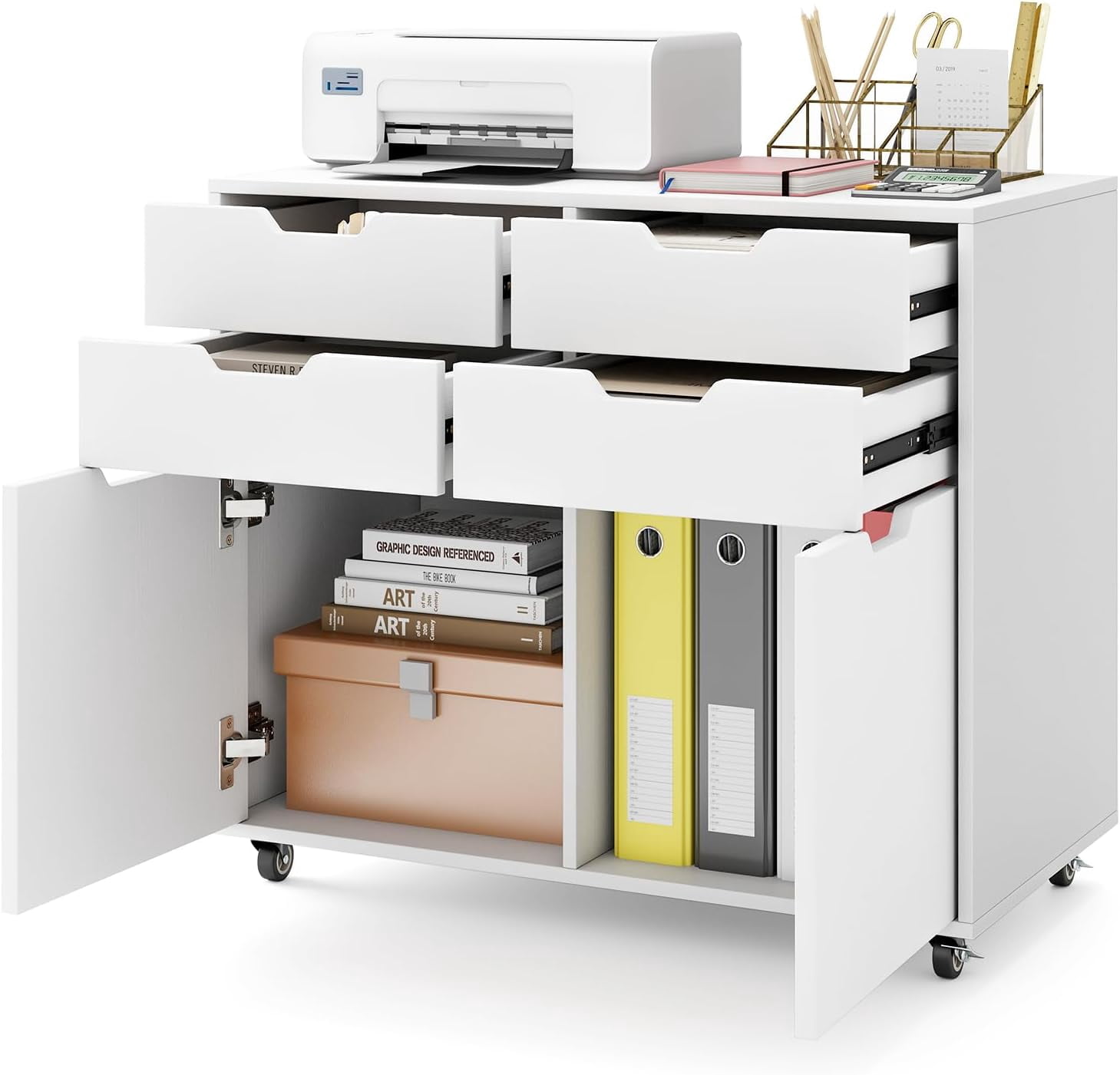 Filing Cabinet with Universal Wheels, Wood Printer Stand with Storage ...