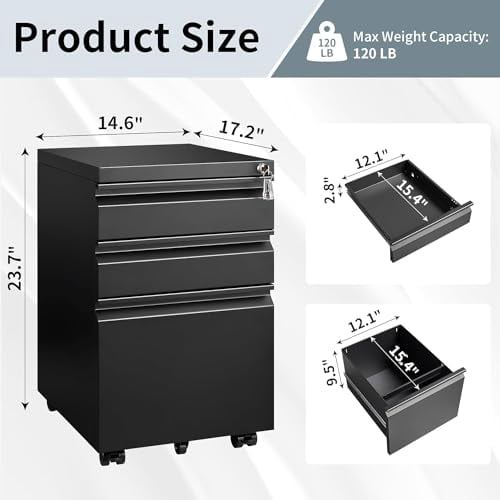 Filing Cabinets for Home Office, Mobile File Cabinet with Lock, 3 ...