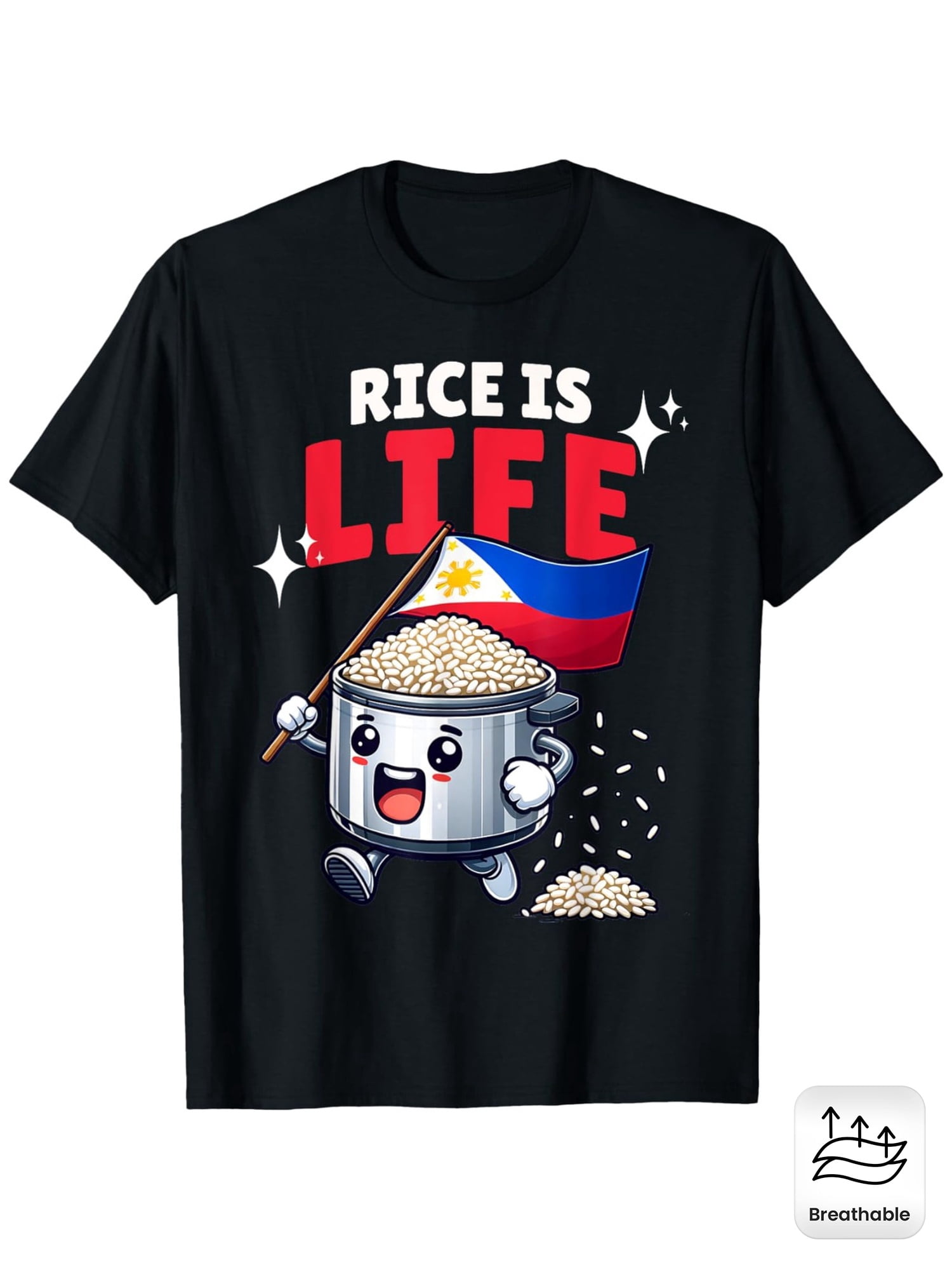 Filipino-Inspired Cotton T-Shirt | "Rice is Life" Black with Playful ...