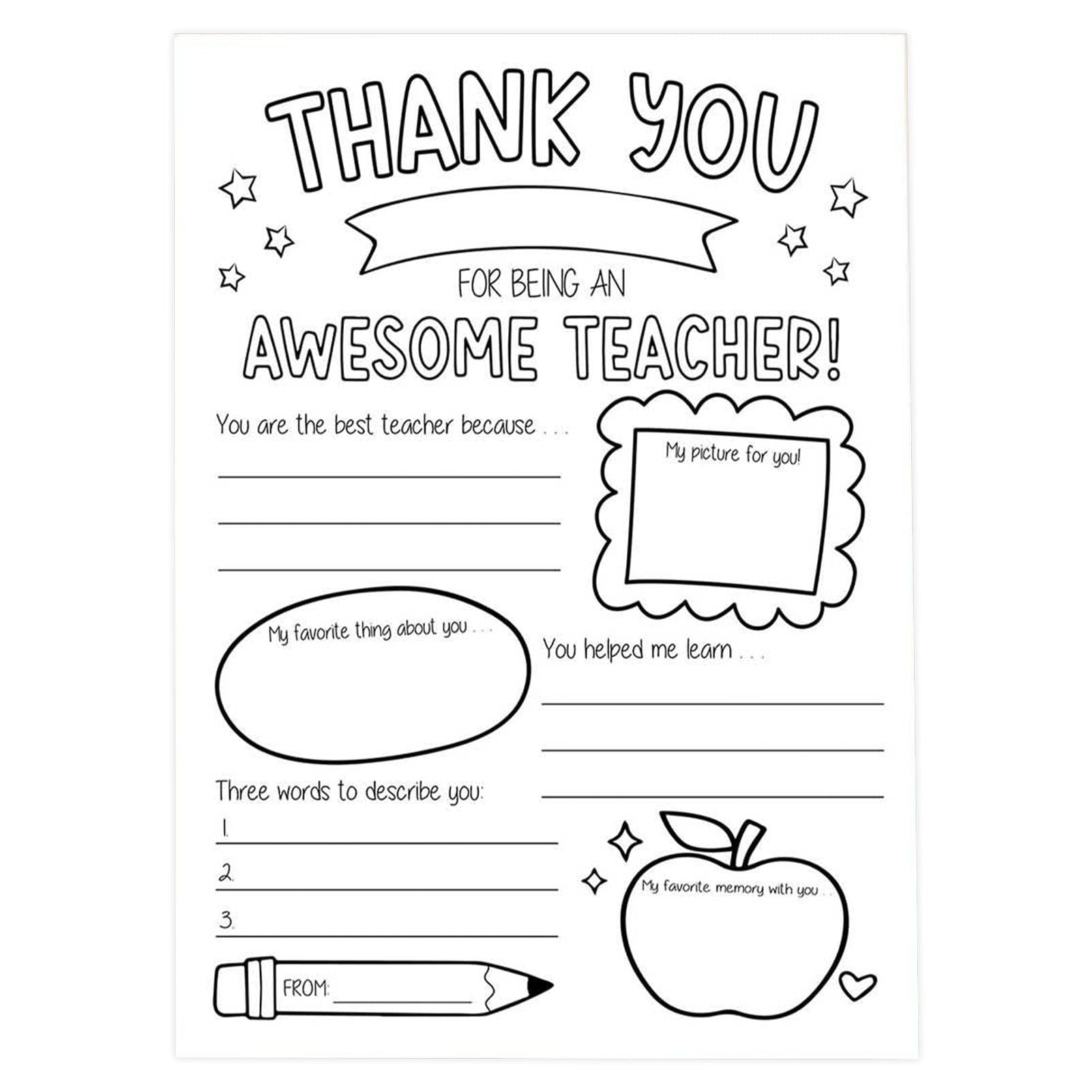 Fill in the Blank Greeting Card, Thank You Cards for Teachers to Colour ...