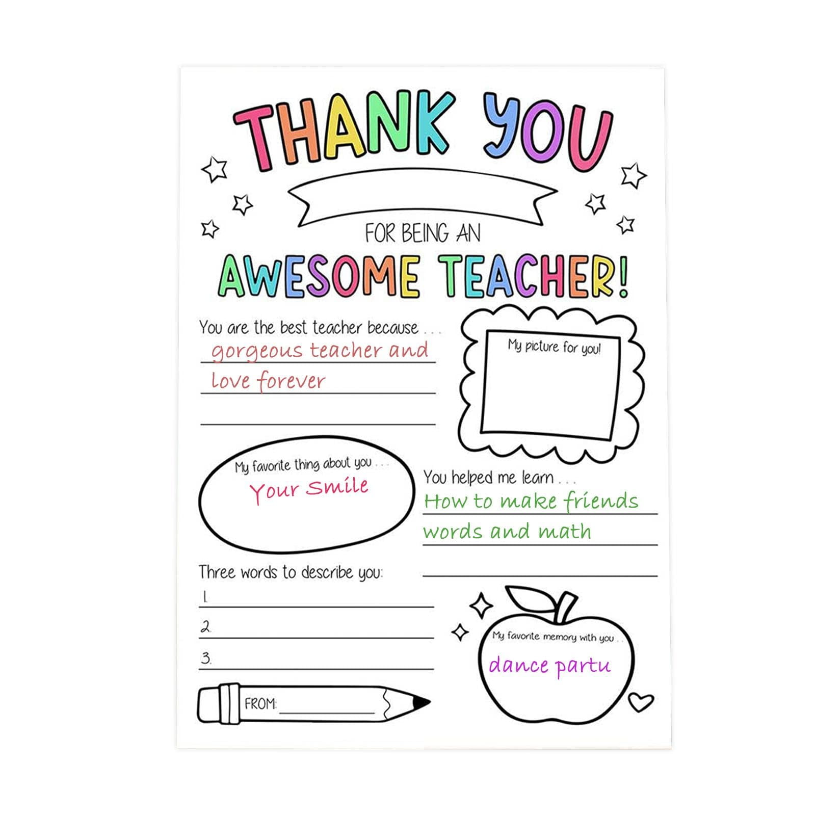 Fill in the Blank Greeting Card, Thank You Cards for Teachers to Colour ...