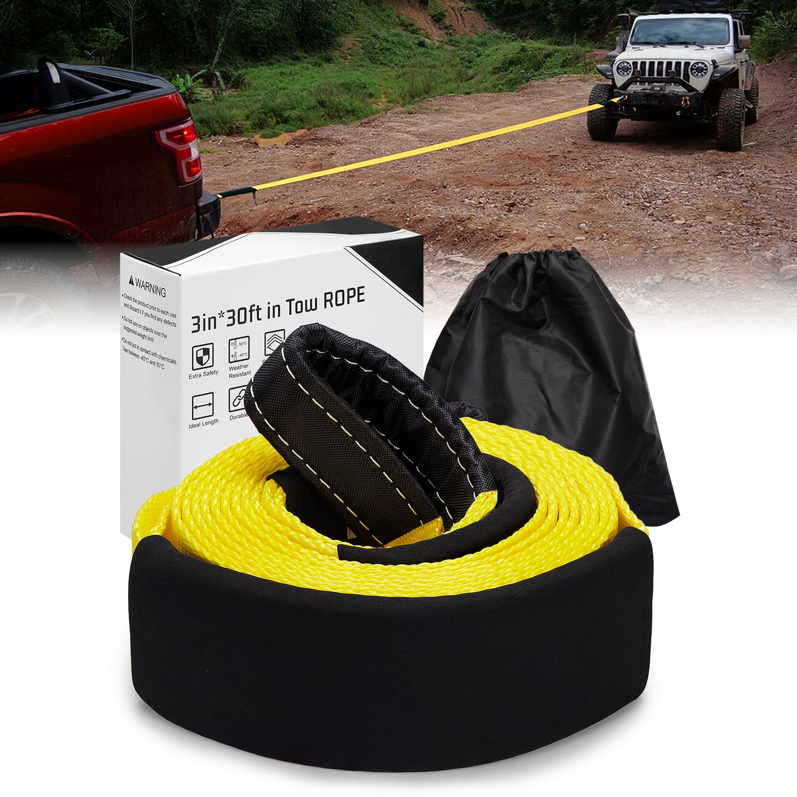 Filluck 3" x 30Ft Heavy Duty Tow Strap, 40,000 lbs Recovery Rope with ...