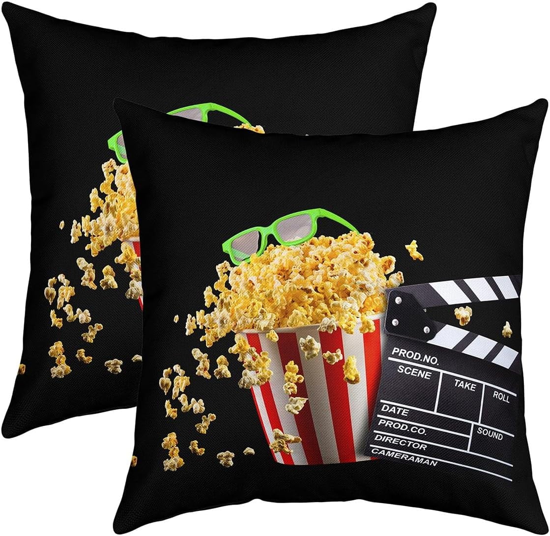 Film Theme Decor Throw Pillow Covers, Clapboard Popcorn Filmstrip Print ...