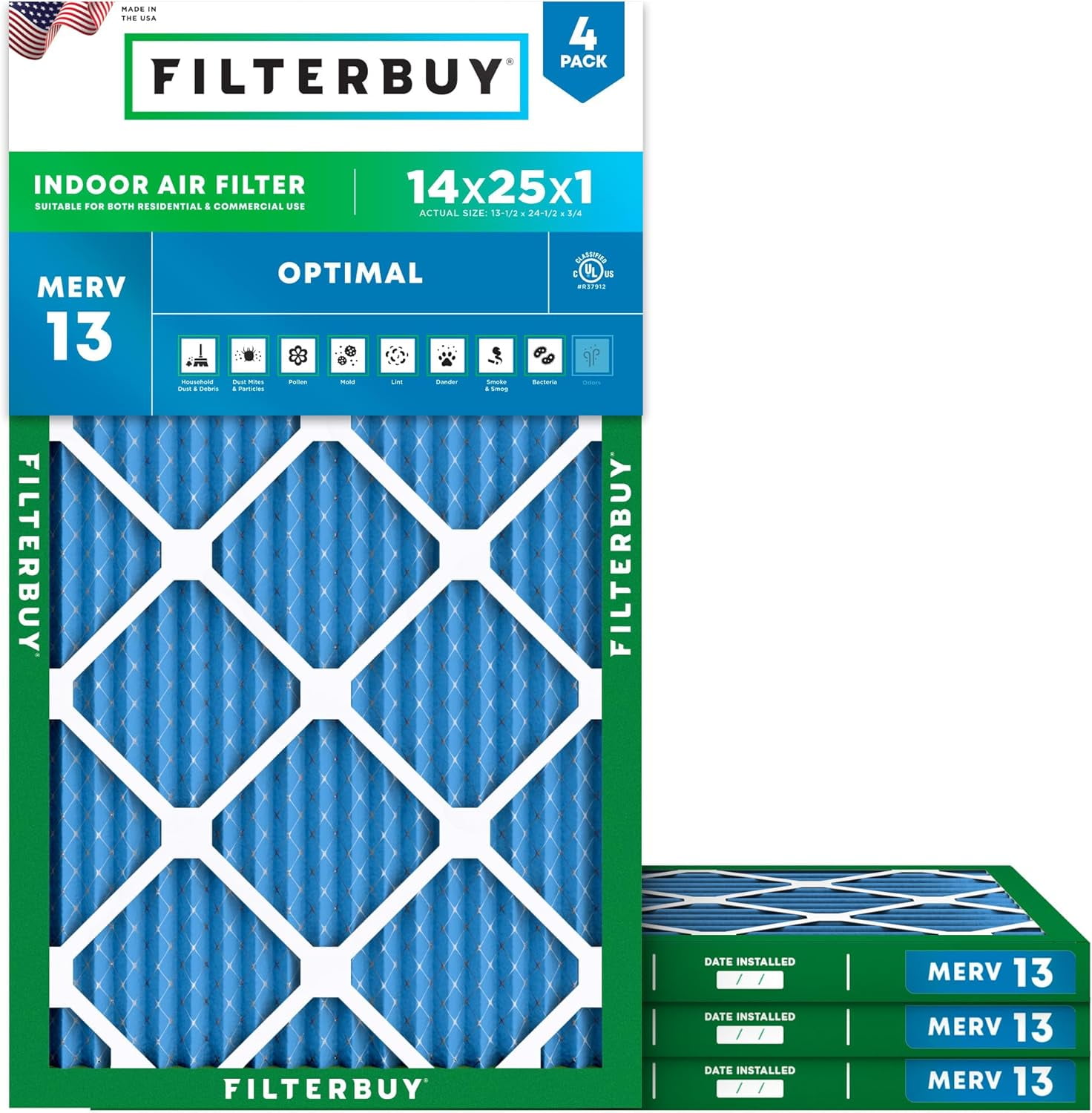 Filterbuy 14x25x1 MERV 13 Pleated HVAC AC Furnace Air Filters, 4-Pack ...