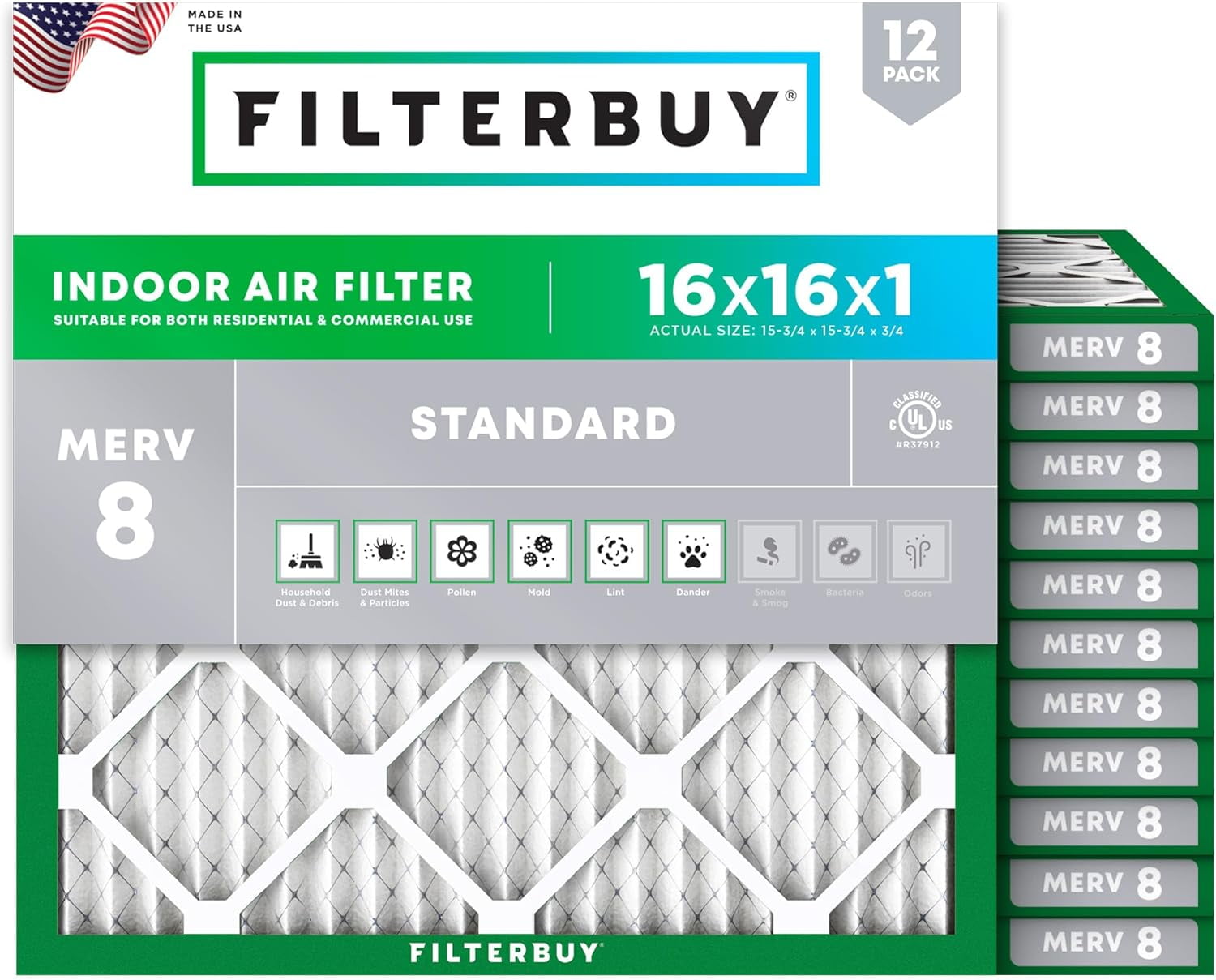 Filterbuy 16x16x1 MERV 8 Pleated AC Furnace Air Filters, 12-Pack, Made ...