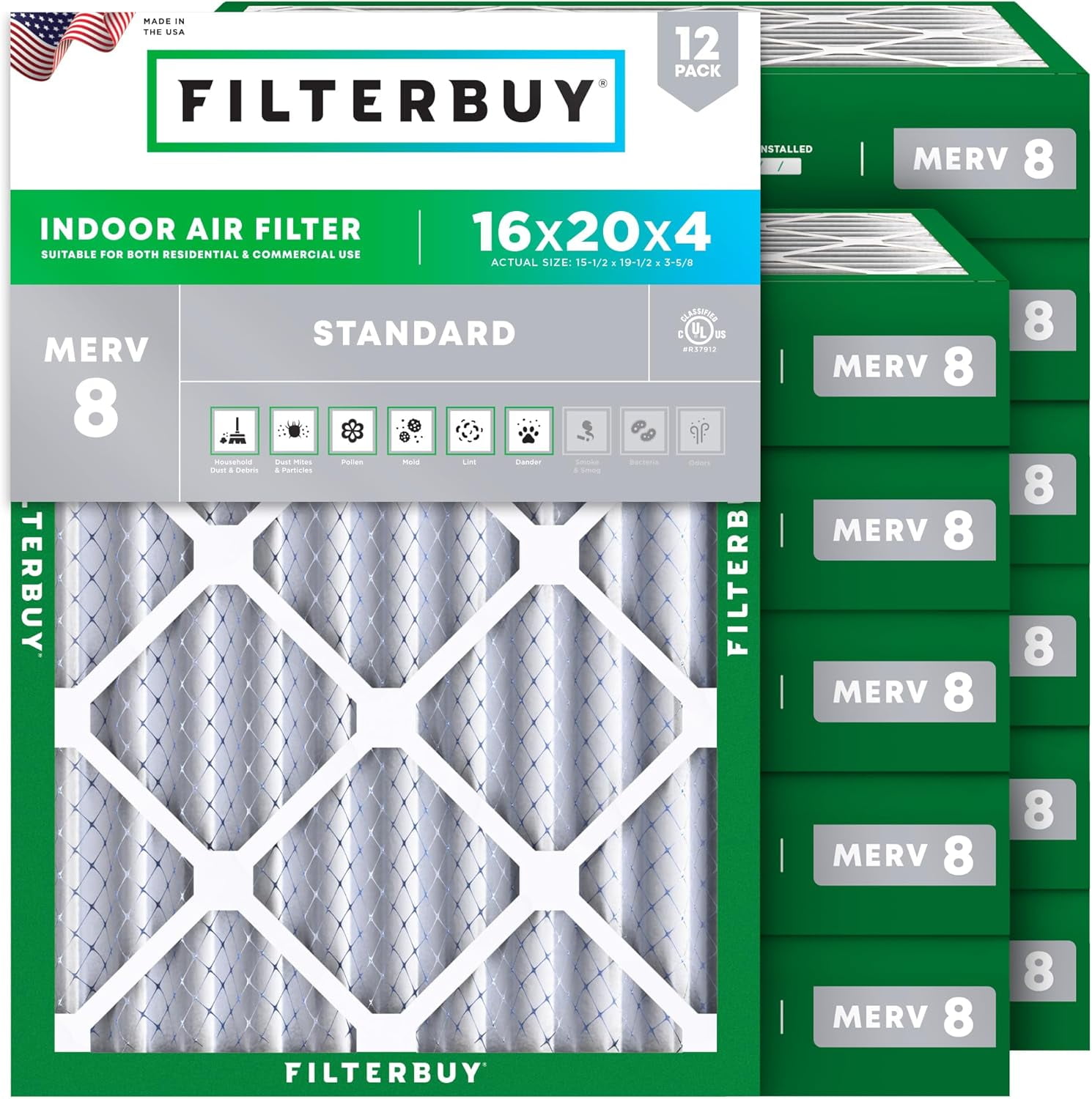 Filterbuy 16x20x4 Air Filter MERV 8 Dust Defense, Pleated HVAC AC ...