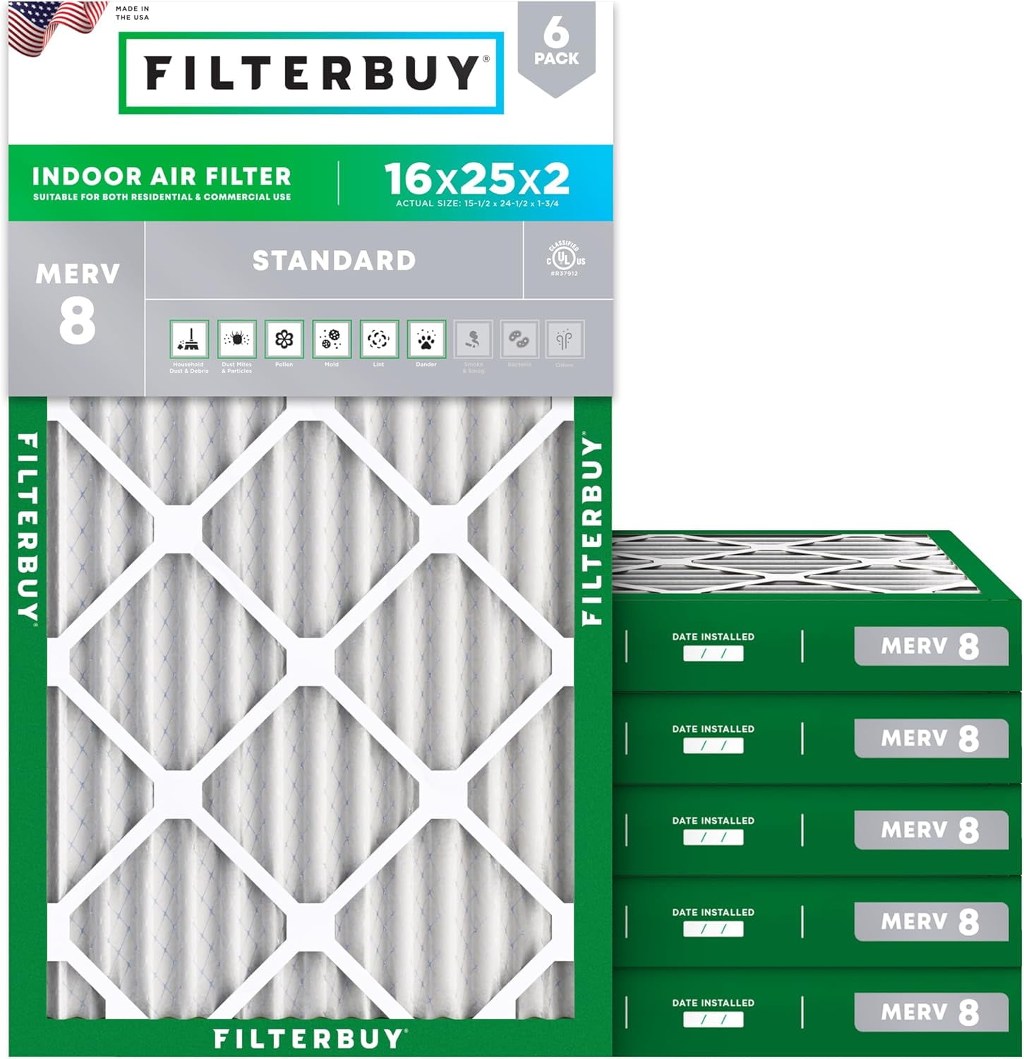 Filterbuy 16x25x2 MERV 8 Pleated Air Filters for HVAC, AC, Furnace ...