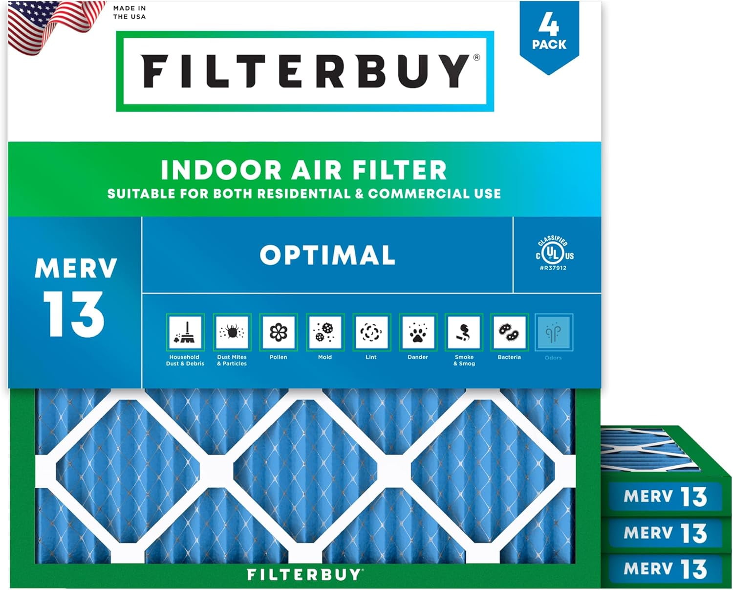 Filterbuy 17.25x17.25x1 Air Filter MERV 13 Smoke Defense, Pleated HVAC ...