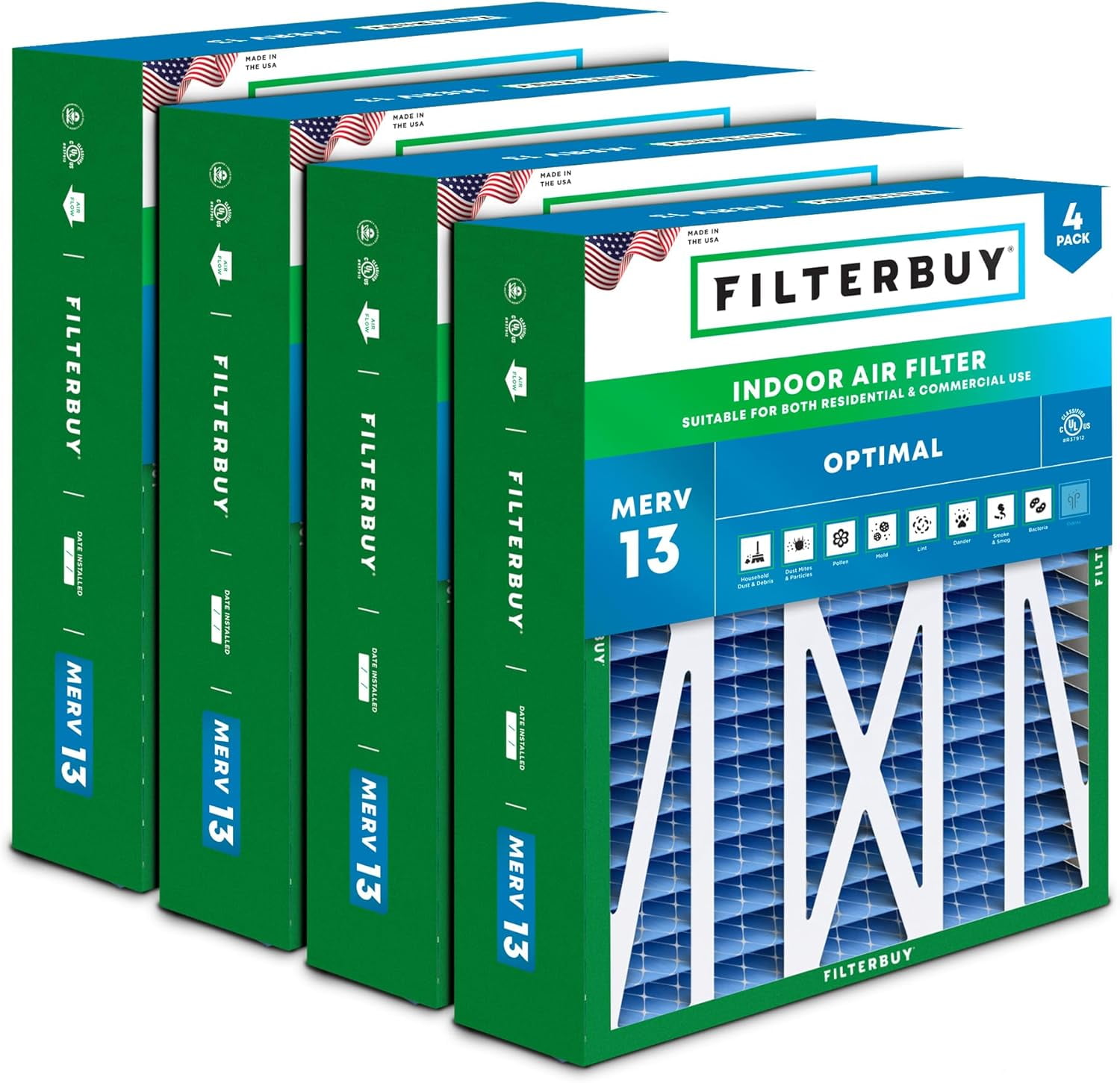 Filterbuy 17.5x21x5 MERV 13 Health Defense, Pleated HVAC AC Furnace Air ...