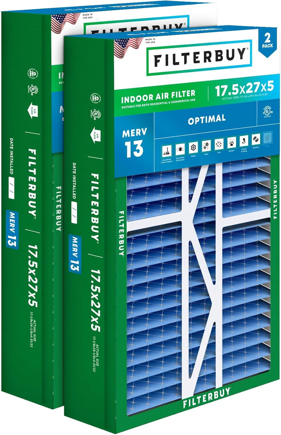 Filterbuy 17.5x27x5 MERV 13 (MPR 1900) Health Defense, Pleated HVAC AC ...