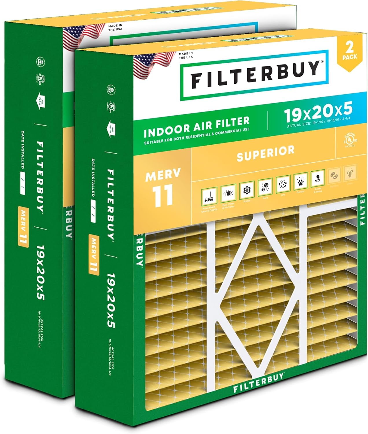 Filterbuy 19x20x4 MERV 11 Air Filters for HVAC AC, Bryant, Carrier, Day ...