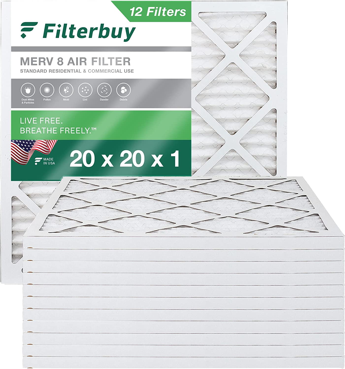 Filterbuy 20x20x1 MERV 8 Pleated HVAC AC Furnace Air Filters (12-Pack ...