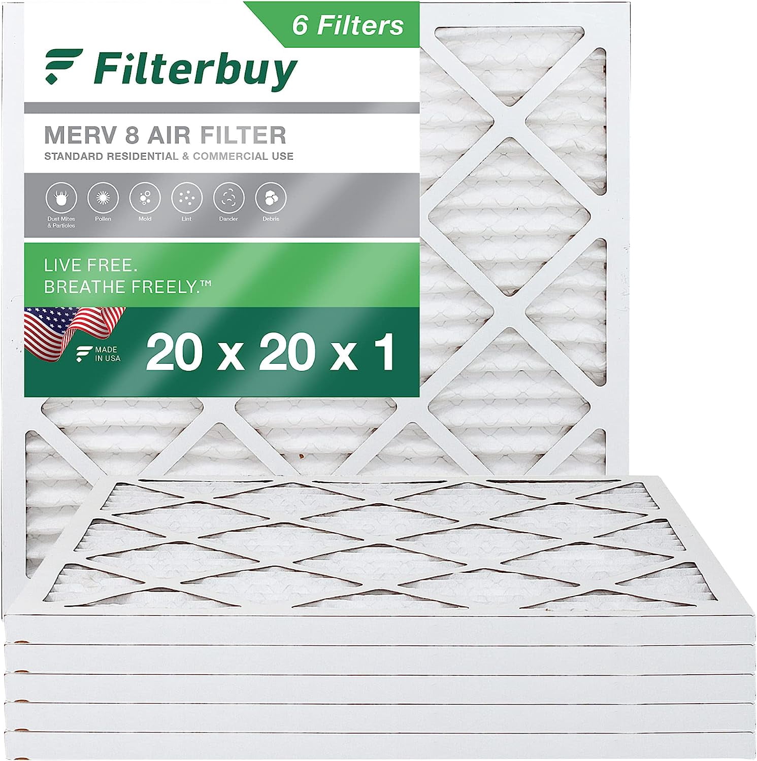 Filterbuy 20x20x1 MERV 8 Pleated HVAC AC Furnace Air Filters (6-Pack ...