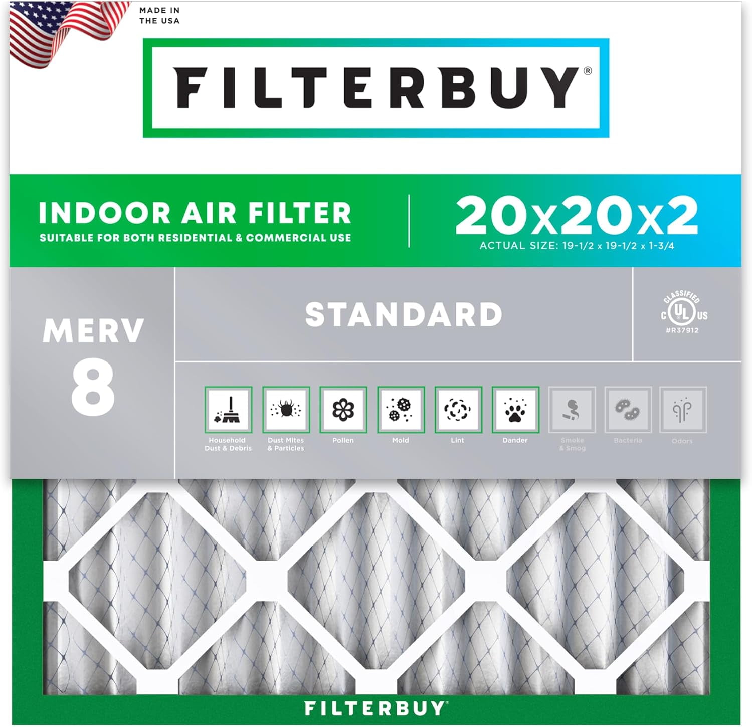 Filterbuy 20x20x2 MERV 8 Dust Defense, Pleated HVAC AC Furnace Air ...