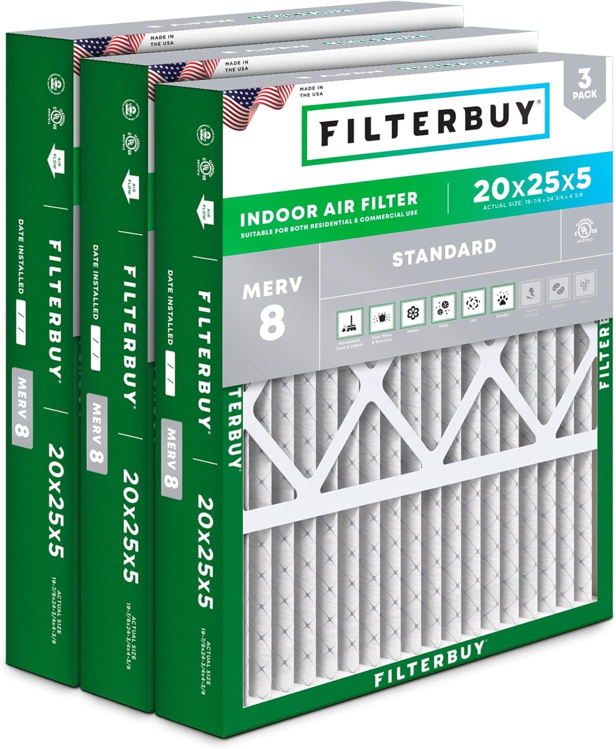 Filterbuy 20x25x5 MERV 8 Pleated HVAC AC Furnace Air Filters ...