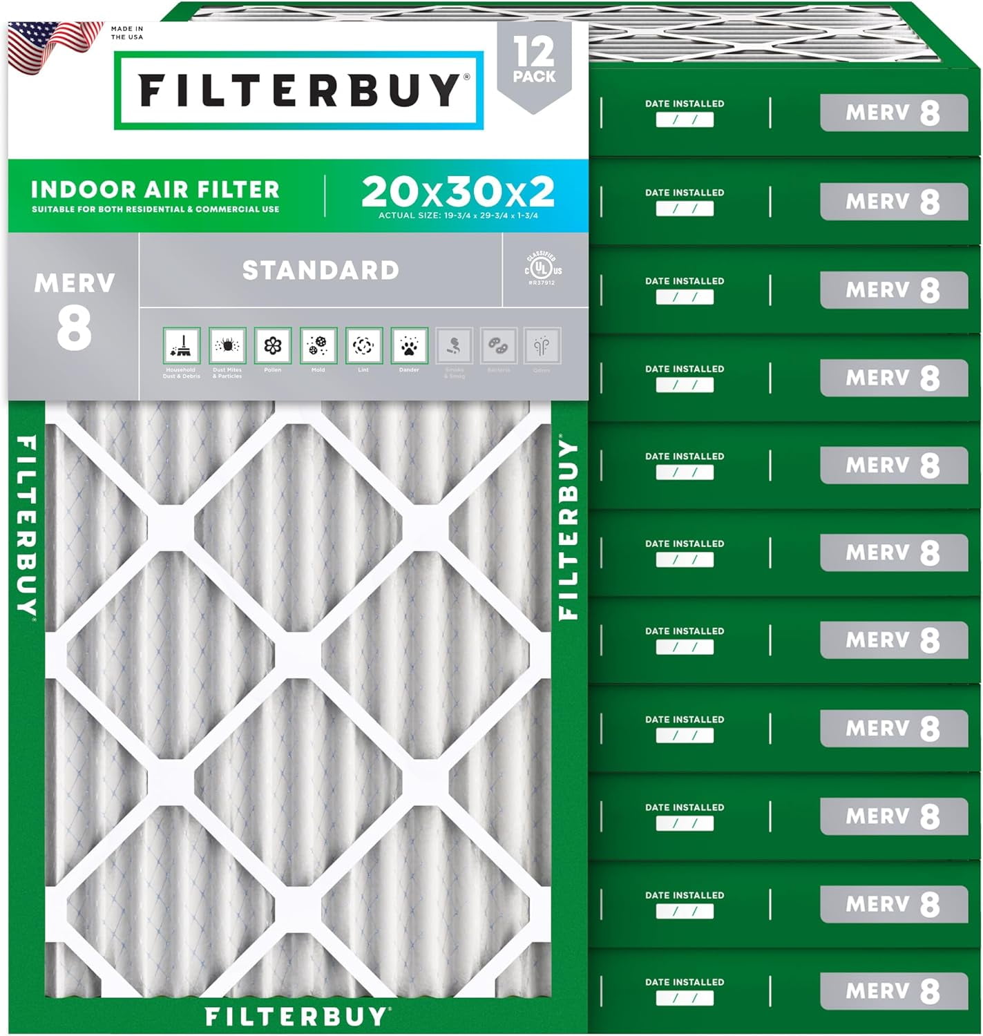 Filterbuy 20x30x2 MERV 8 Pleated Air Filters for HVAC, Furnace, AC ...