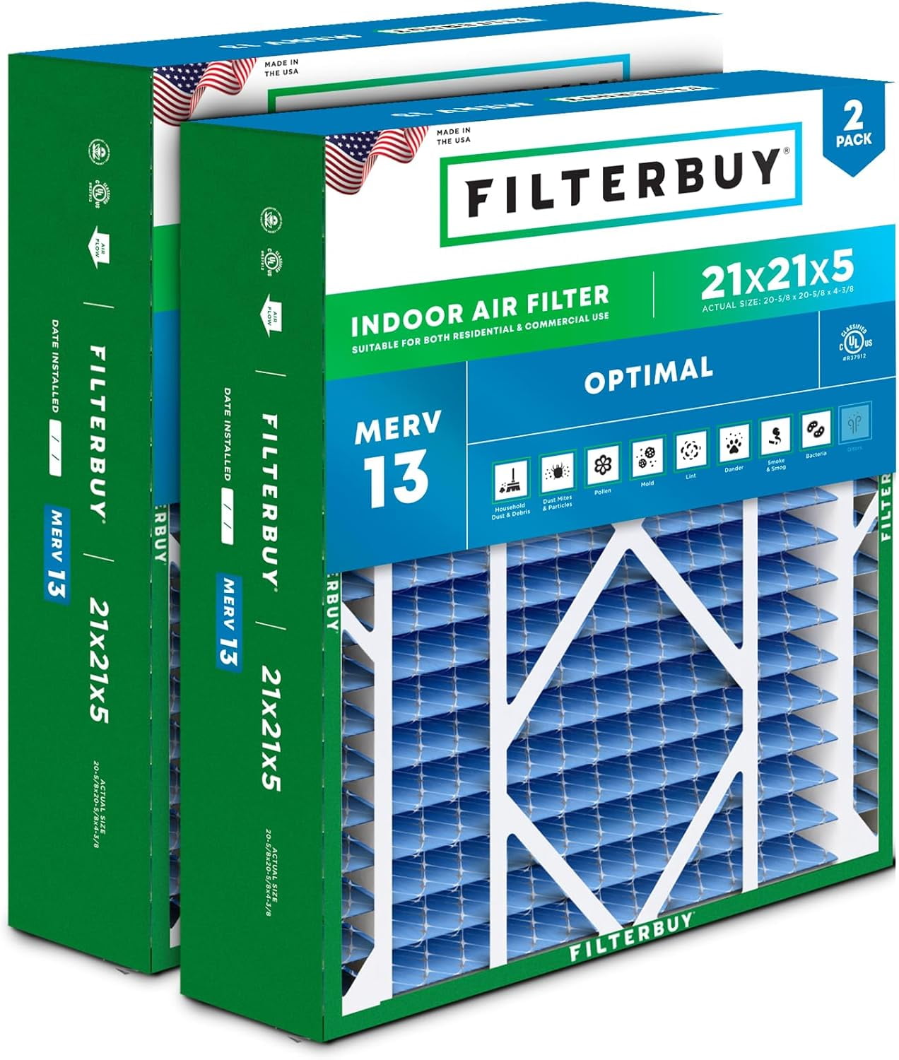 Filterbuy 21x21x5 MERV 13 Health Defense, Pleated HVAC AC Furnace Air ...